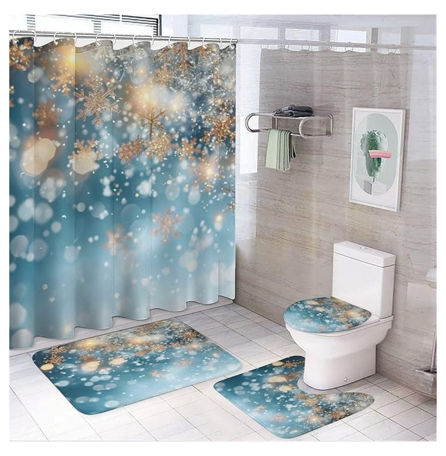 4Pcs Beautiful Snowflakes Shower Curtain, Winter Snow Star Fantasy ...