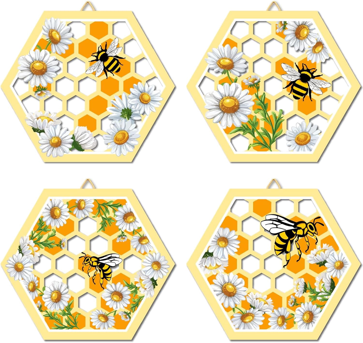 4Pcs Bee Wall Art Wooden Honeycomb Wall Decor Shape Honey Bees Hives ...