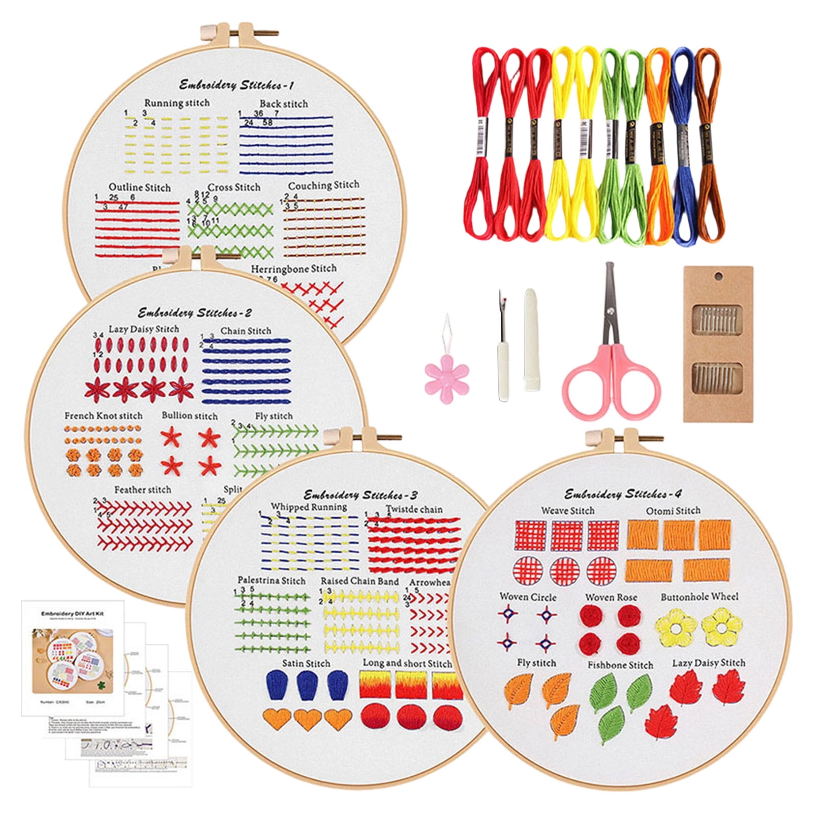 4Pcs Beginners Embroidery Kit, Hoop, Color Threads,tools,easy To Follow ...
