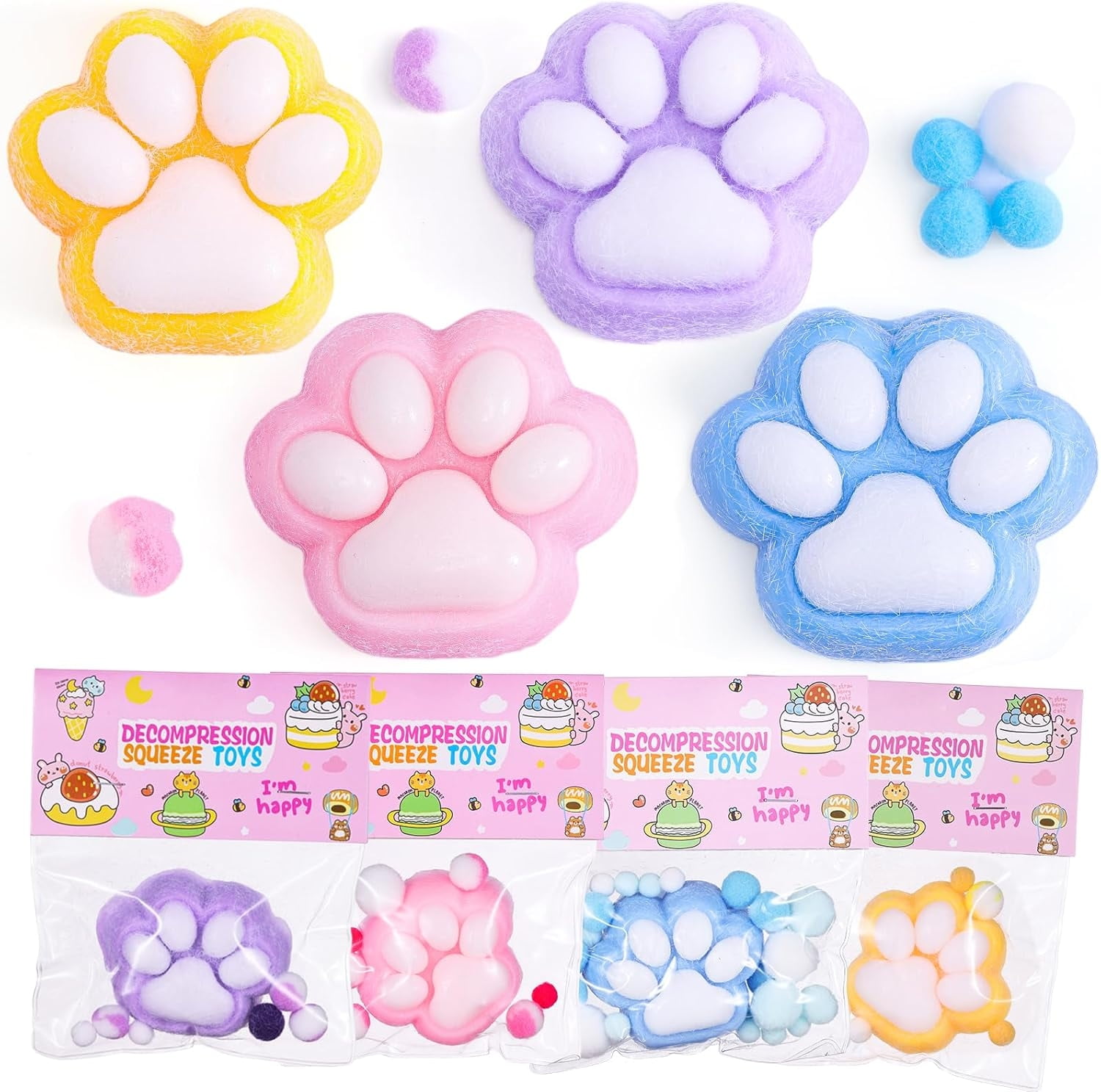 4Pcs Big Cat Paw Squishy Toys For Kids, Kawaii Cat Paw Mochi Squishy ...