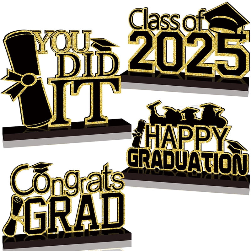 4Pcs Black And Gold Graduation Decorations Class Of 2025 Congrats Grad ...