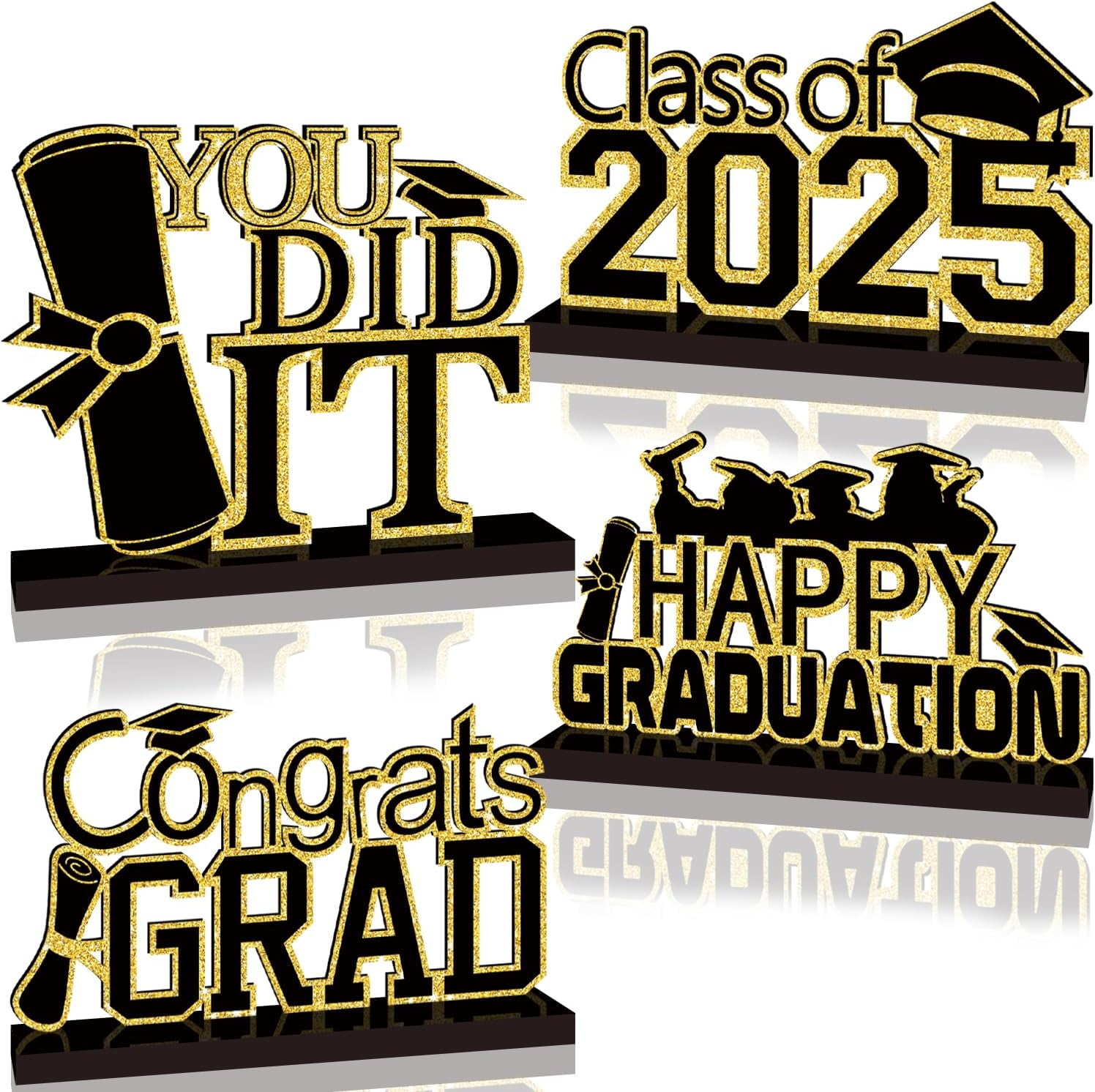 4Pcs Black and Gold Graduation Decorations Class of 2025 Congrats Grad ...