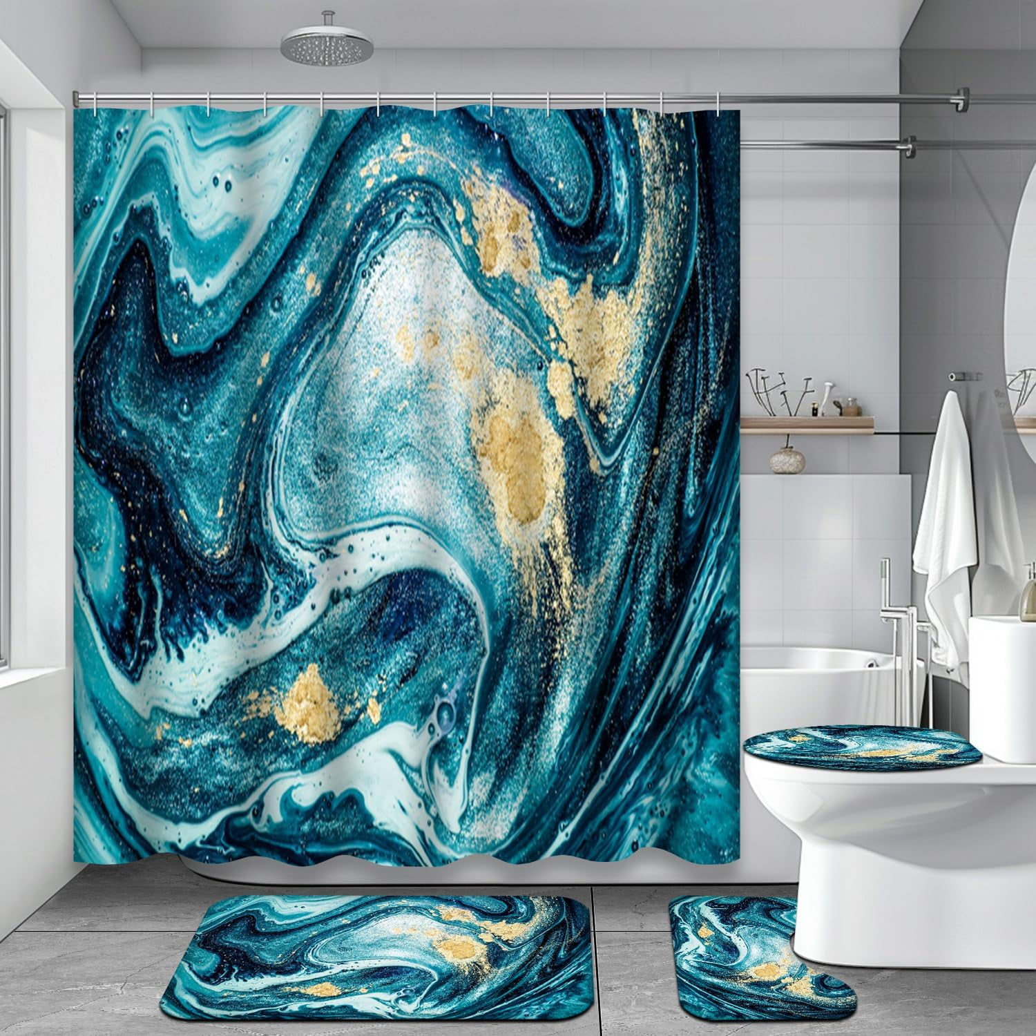 4Pcs Black Gold Marble Shower Curtain Set with Rugs for Bathroom Decor,Luxury Golden Liquid ...