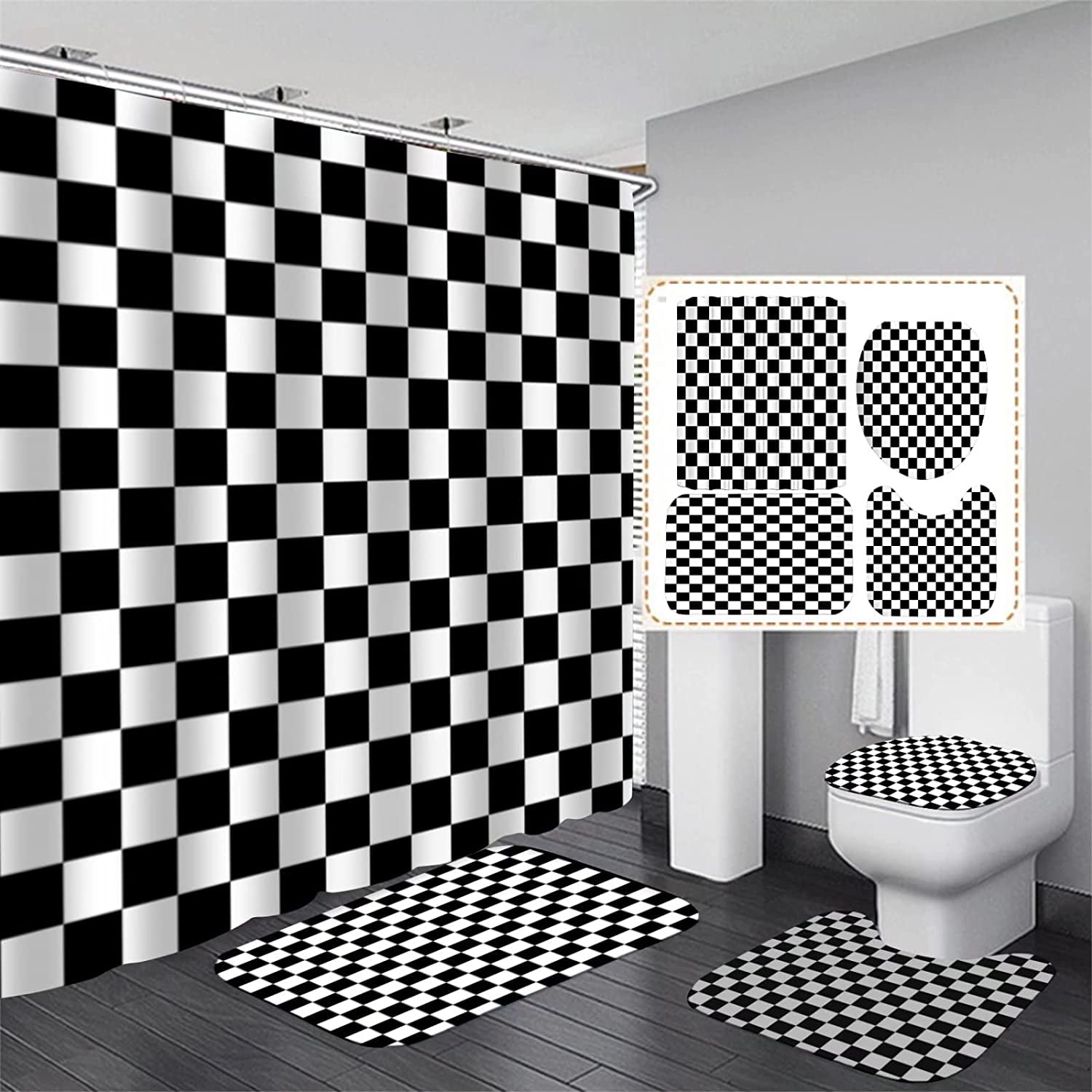 4Pcs Black White Grid Shower Curtain Set with Rug Toilet Lid Cover and ...