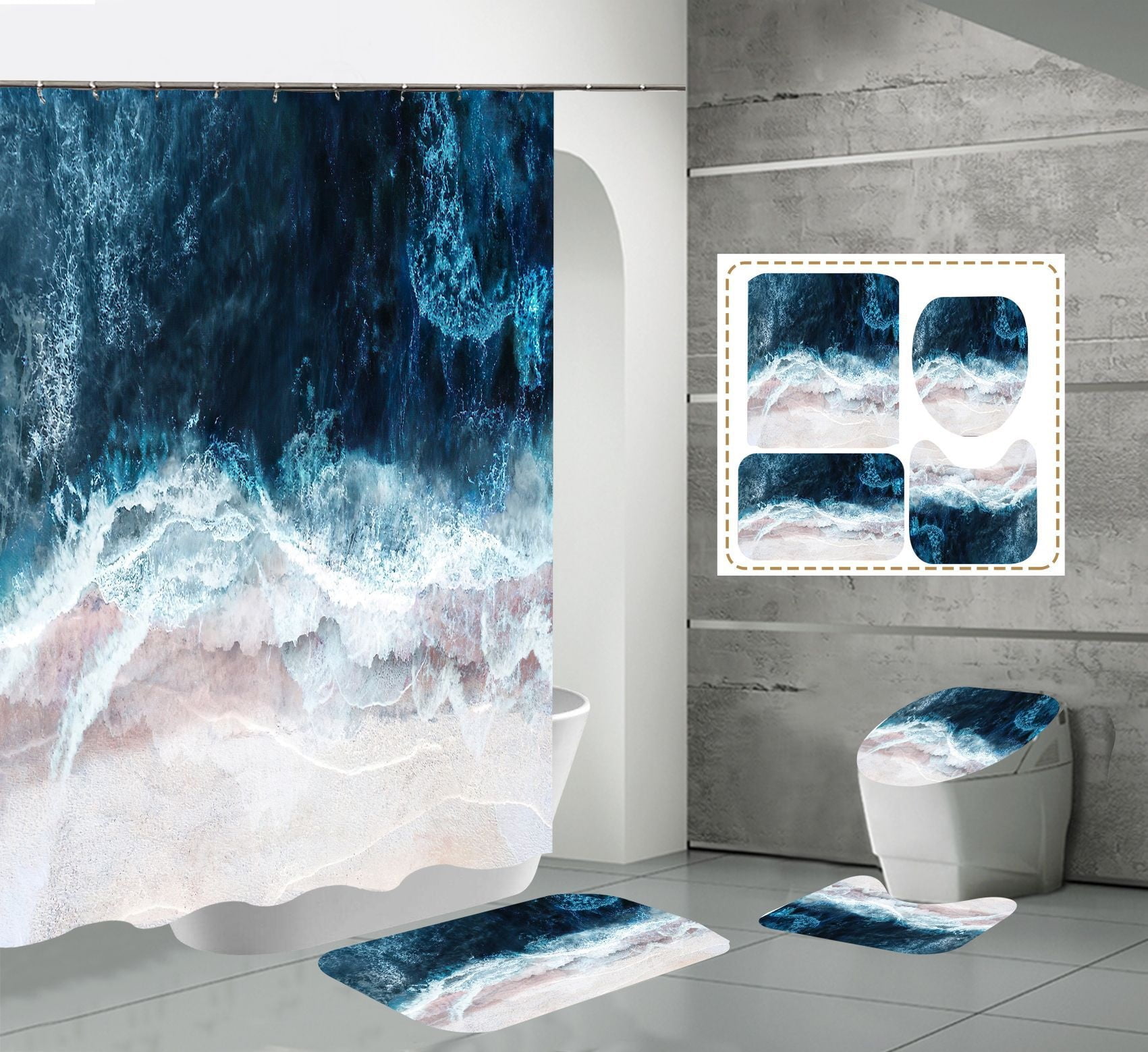 4Pcs Blue Bathroom Set Geometric Shower Curtain Set Modern Art Navy ...