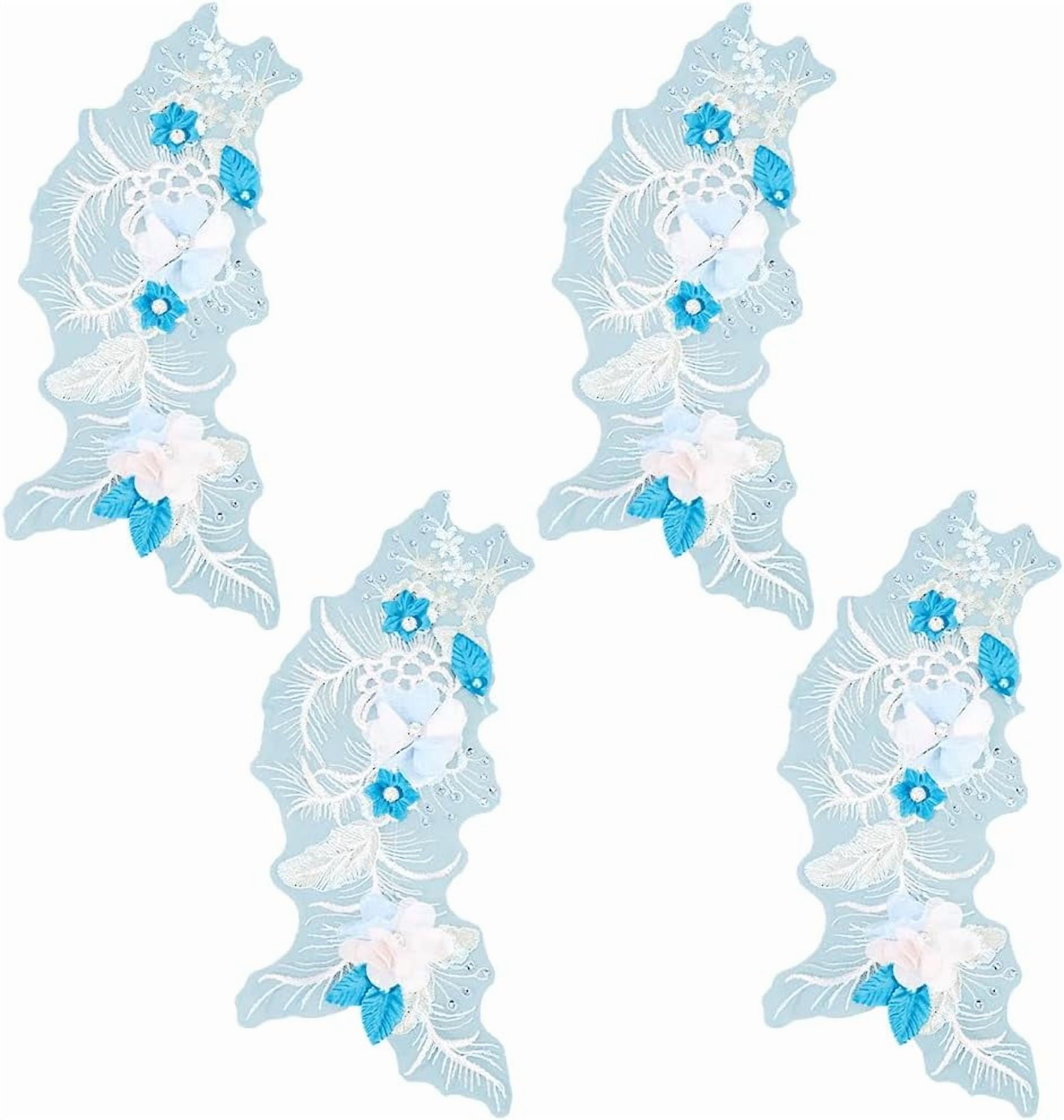 4Pcs Blue Embroidered Floral Lace Applique Vintage 3D Flower Beads Patches Sew On Polyester ...
