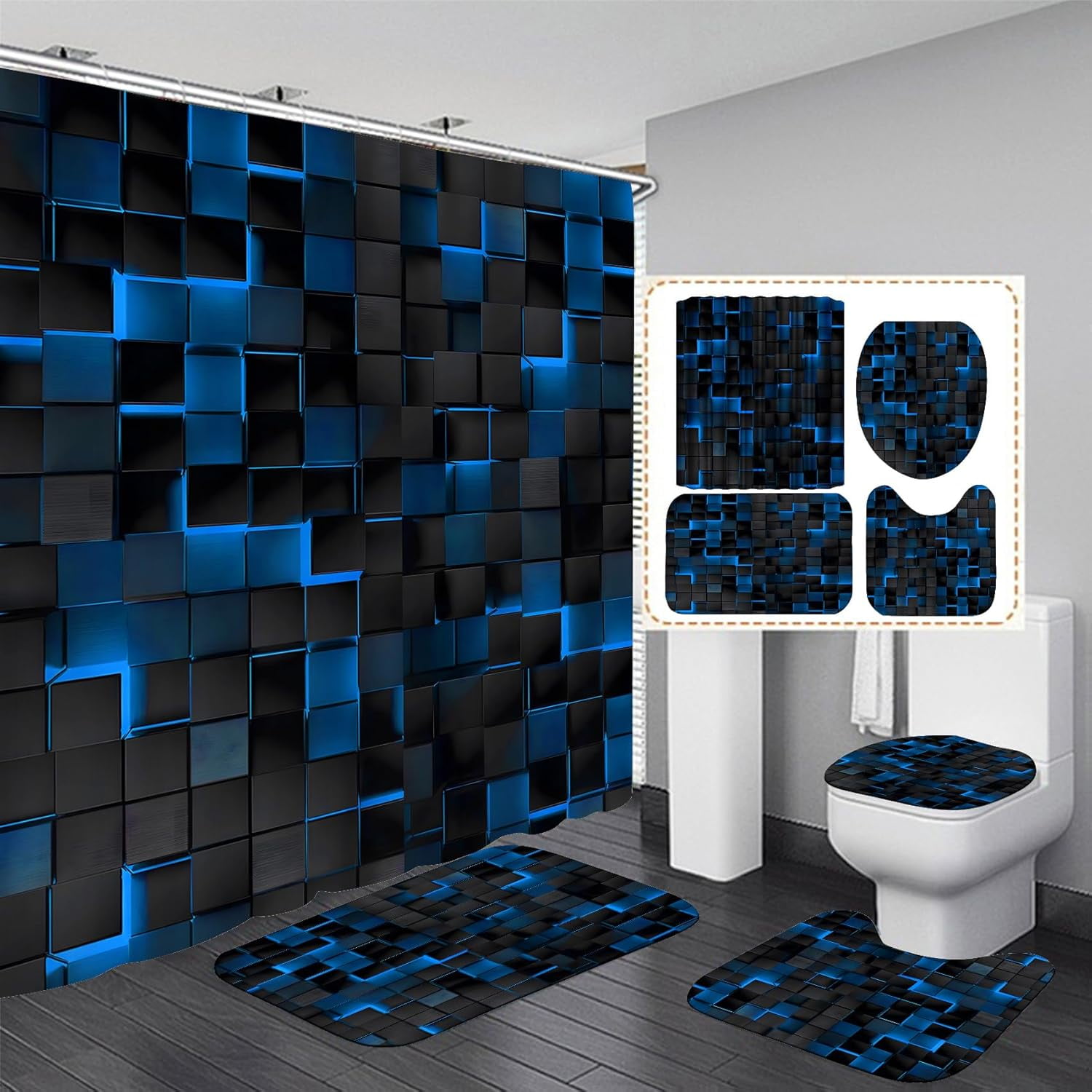 4Pcs Blue Shower Curtain Set 3D Cubes Bathroom Sets Modern for with ...