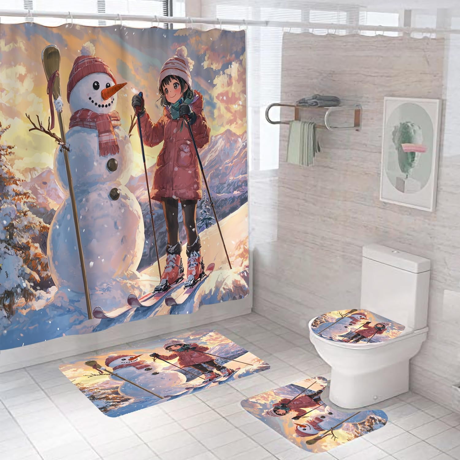 4Pcs Boho Splice Santa Claus Shower Curtain Sets, Cute Modern Art ...