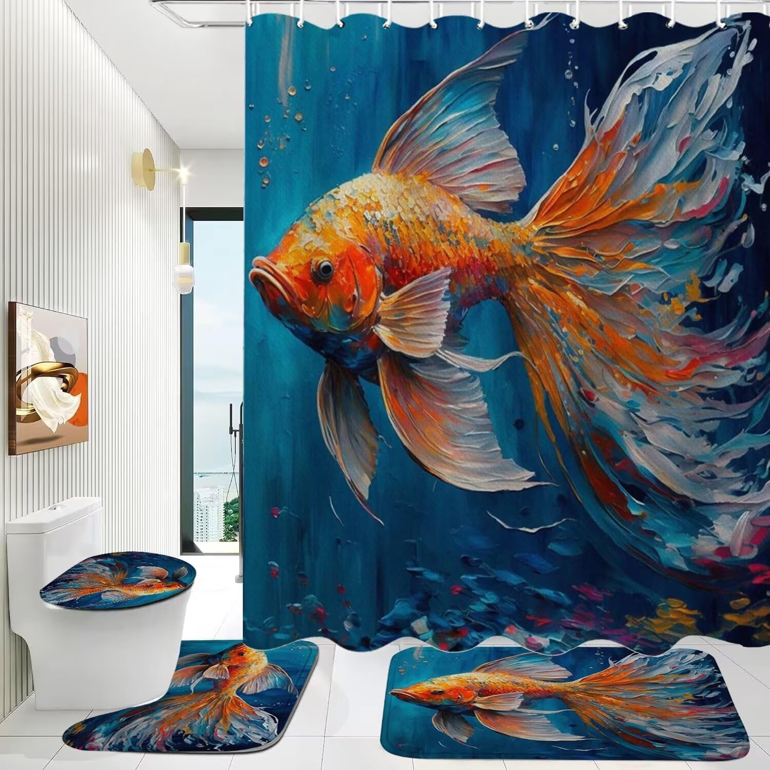 4Pcs Boho Streak Shower Curtain Sets with Rugs Sage Green Stripe ...
