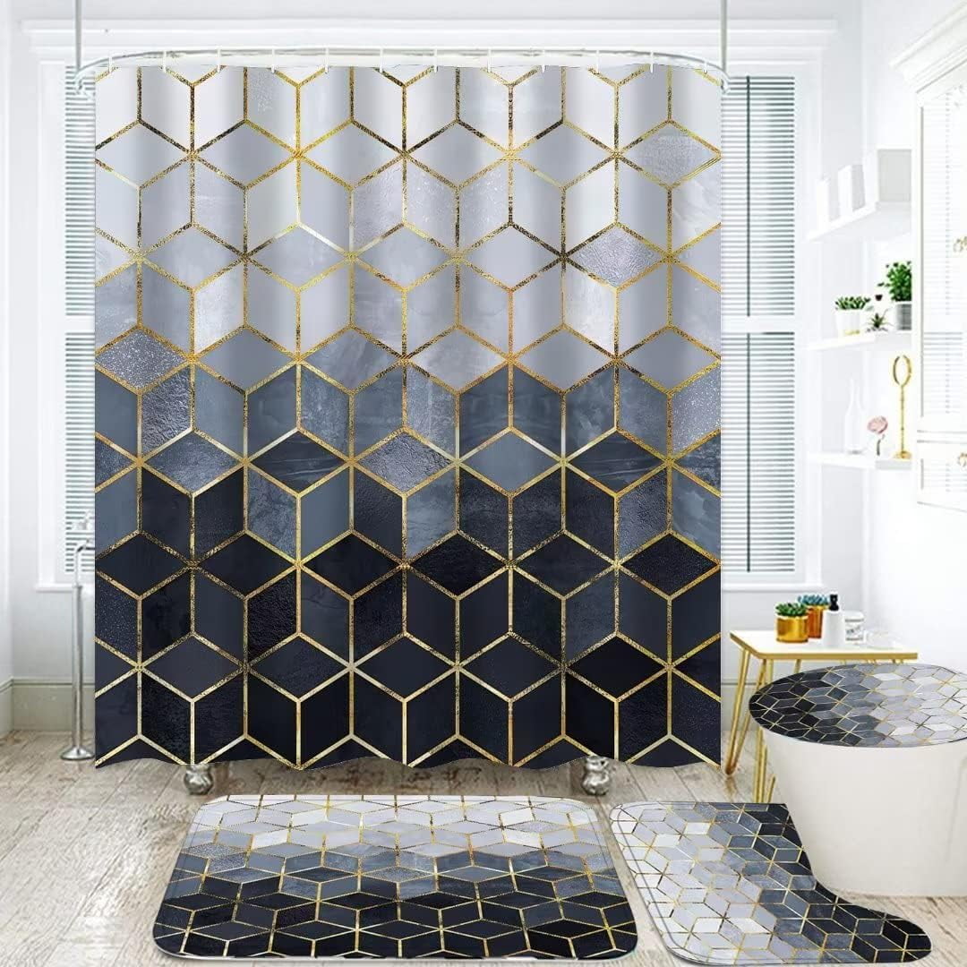 4Pcs Brown Gradient Shower Curtain Set Modern Geometric Shower Curtain ...