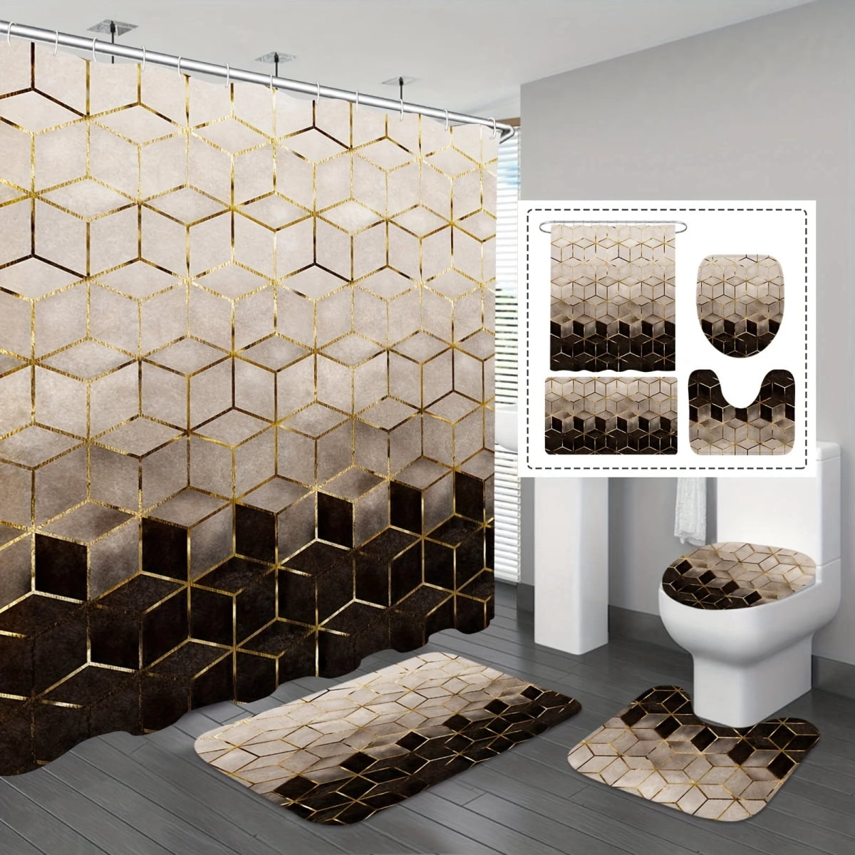 4Pcs Brown Gradient Shower Curtain Set, Modern Geometric Shower Curtain ...