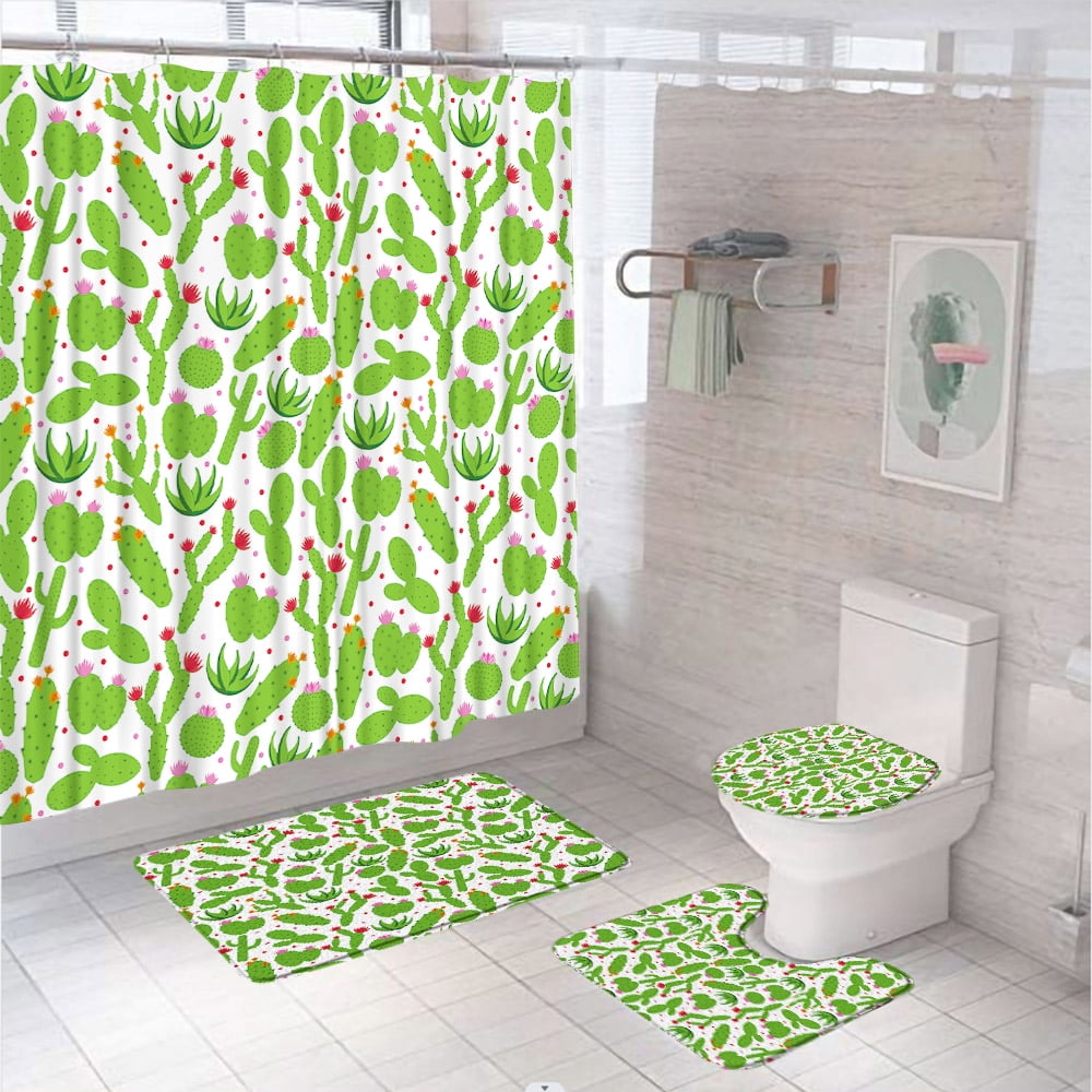 4Pcs Cactus Shower Curtain Set with Rug Toilet Lid Cover Bath Mat ...