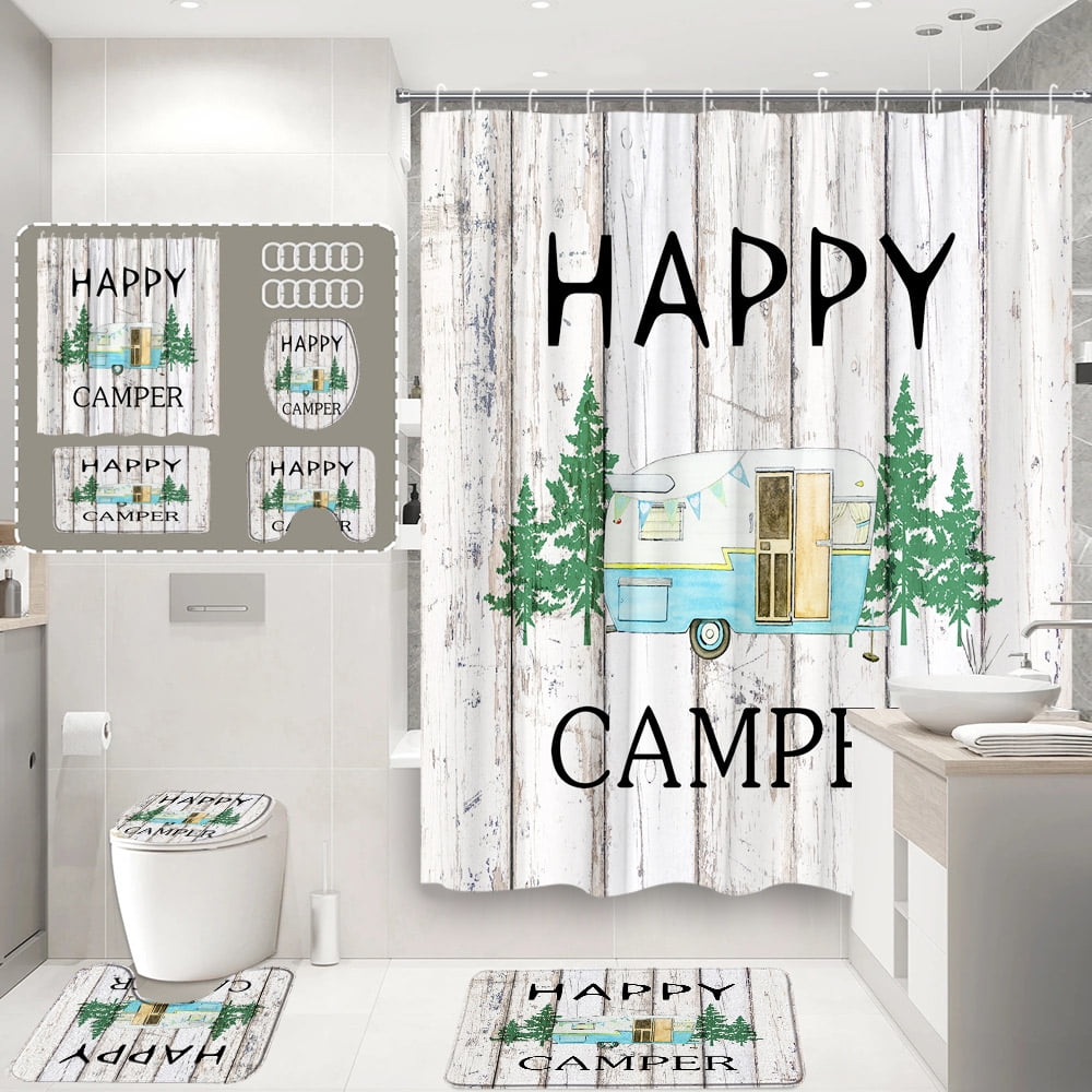 4Pcs Camper Shower Curtain Rustic Wooden Seaside Tropical Travel Plants ...