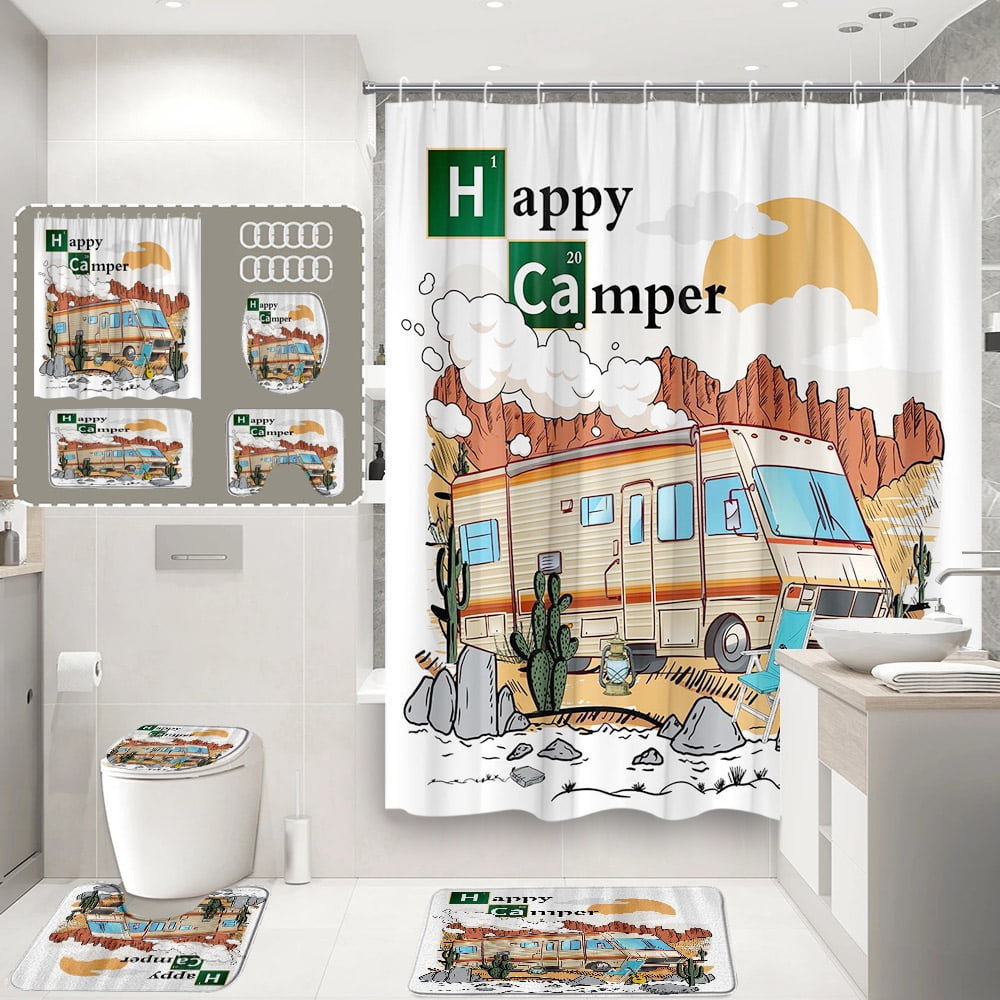 4Pcs Camper Shower Curtain Rustic Wooden Seaside Tropical Travel Plants ...
