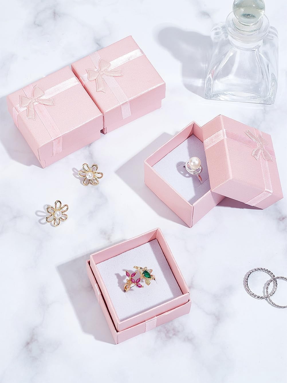 4Pcs Cardboard Rins Boxes with Sponge Inside Square with Bowknot Pink ...