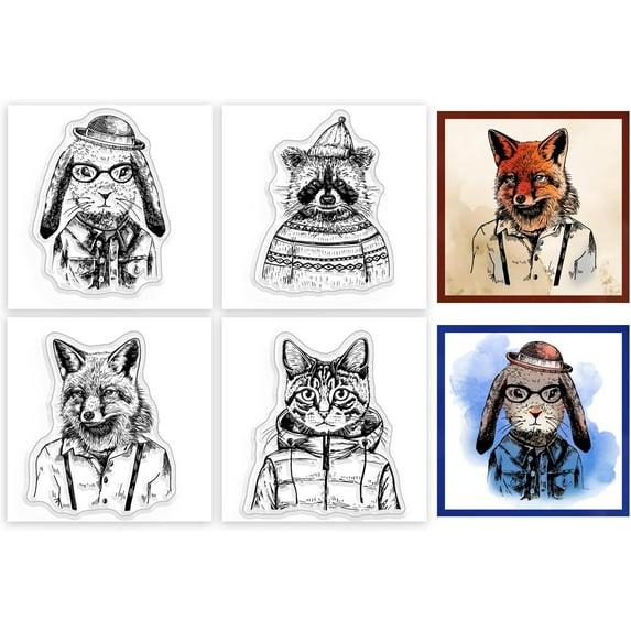 4Pcs Cartoon Animal Clear Stamps for DIY Scrapbooking Dog Raccoon Fox Cat Mini Silicone Clear ...