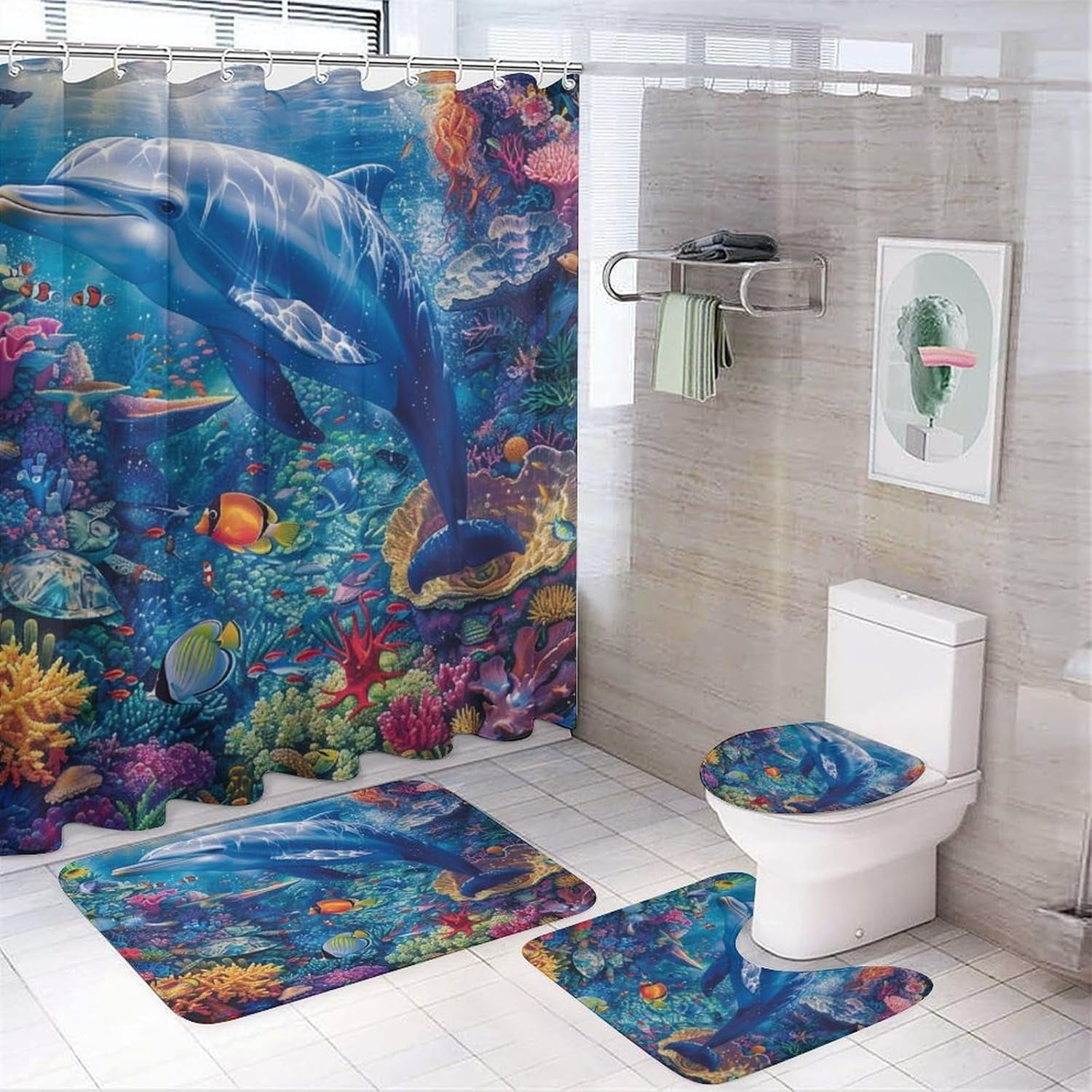 4Pcs Cartoon Dolphin Shower Curtain Set with Toilet Lid Cover Non-Slip ...