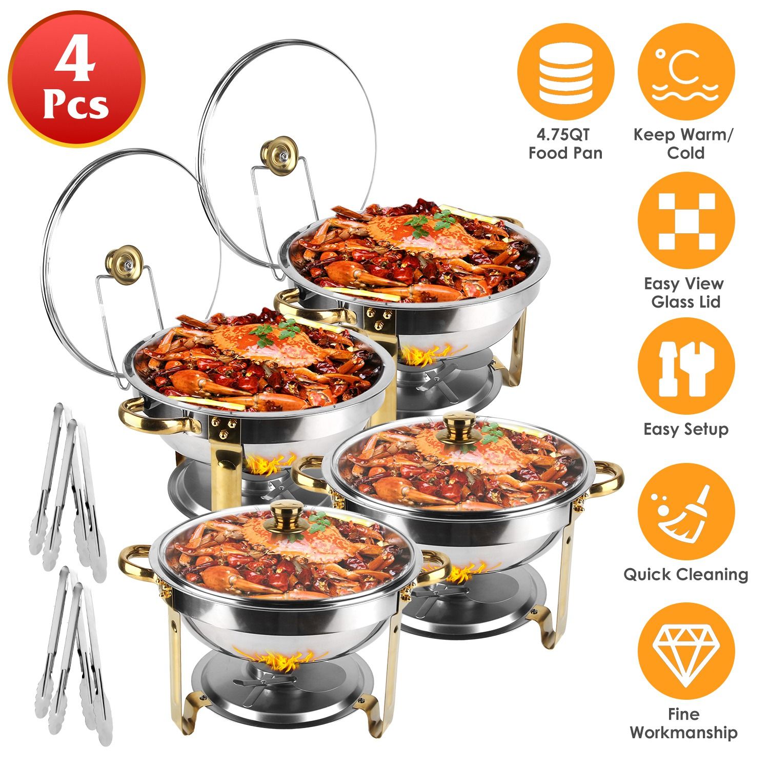 4Pcs Chafing Dish Buffet Set 4.76QT Round Buffet Servers Food Warmer ...
