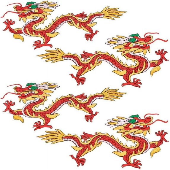 4Pcs Chinese Dragon Embroidered Appliques Large FireBrick Dragon Patch ...