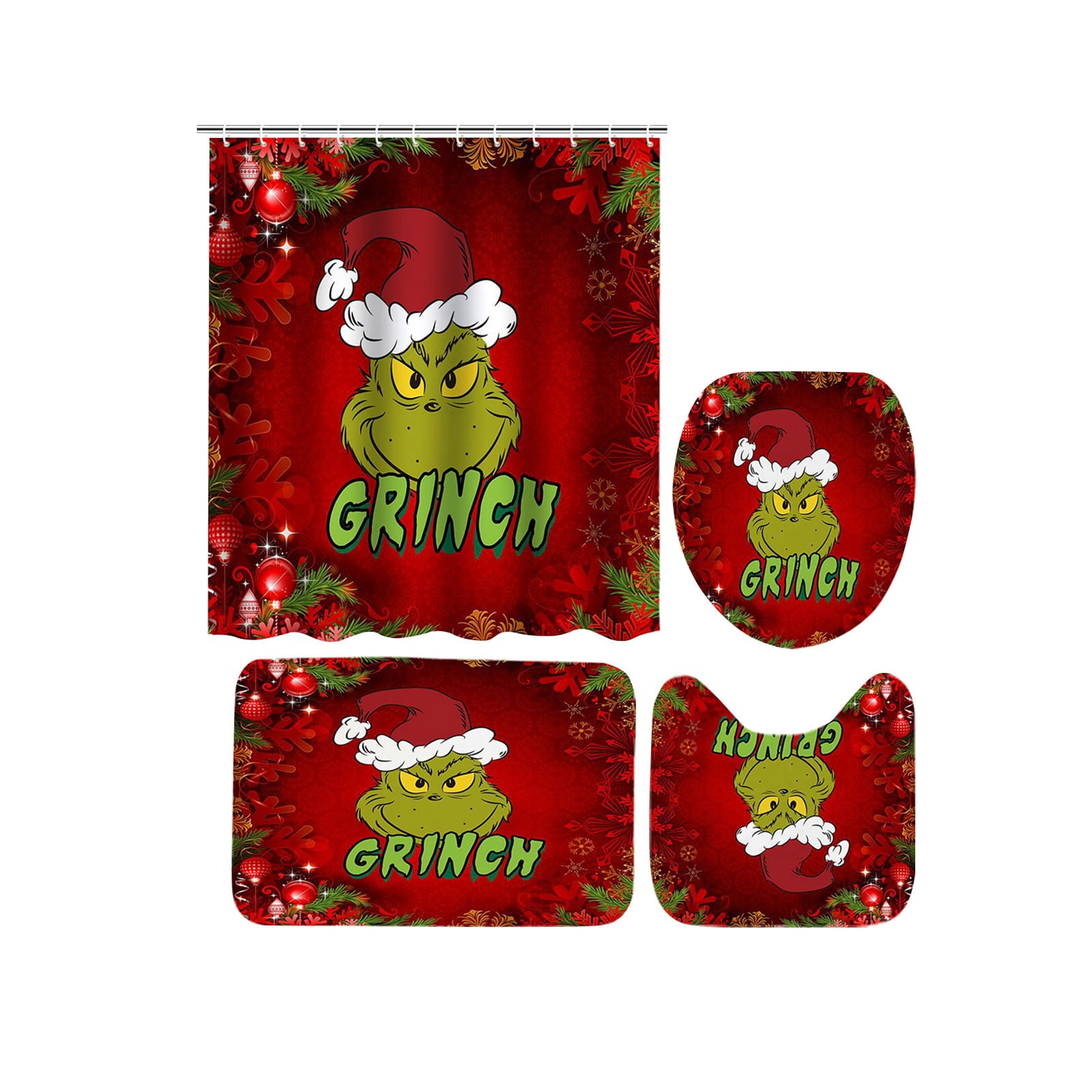4Pcs Christmas Grinch Bathroom Sets,Christmas Grinch Shower Curtain Set ...
