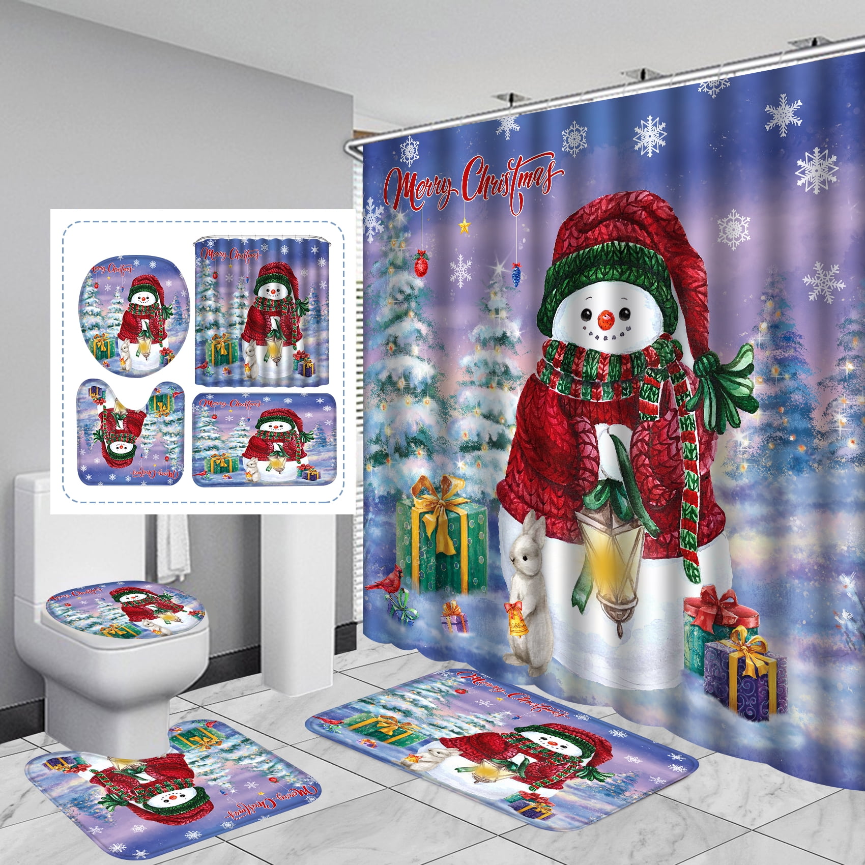 4pcs Snowman Christmas Bathroom Set Shower Curtain Toilet Lid Rug