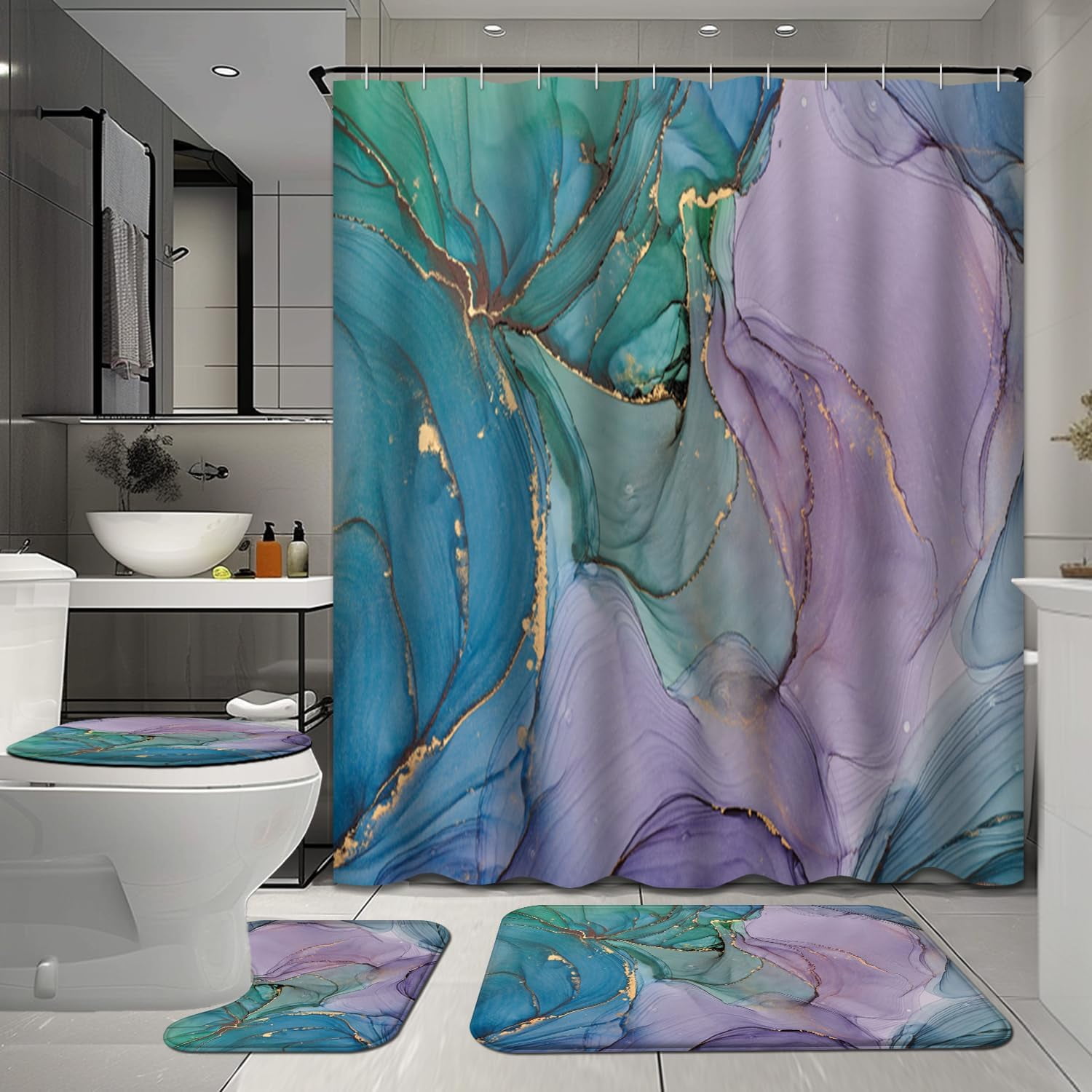 4Pcs Colorful Marble Shower Curtain Set with Rugs for Bathroom Decor,Luxury Art Bathroom Shower ...