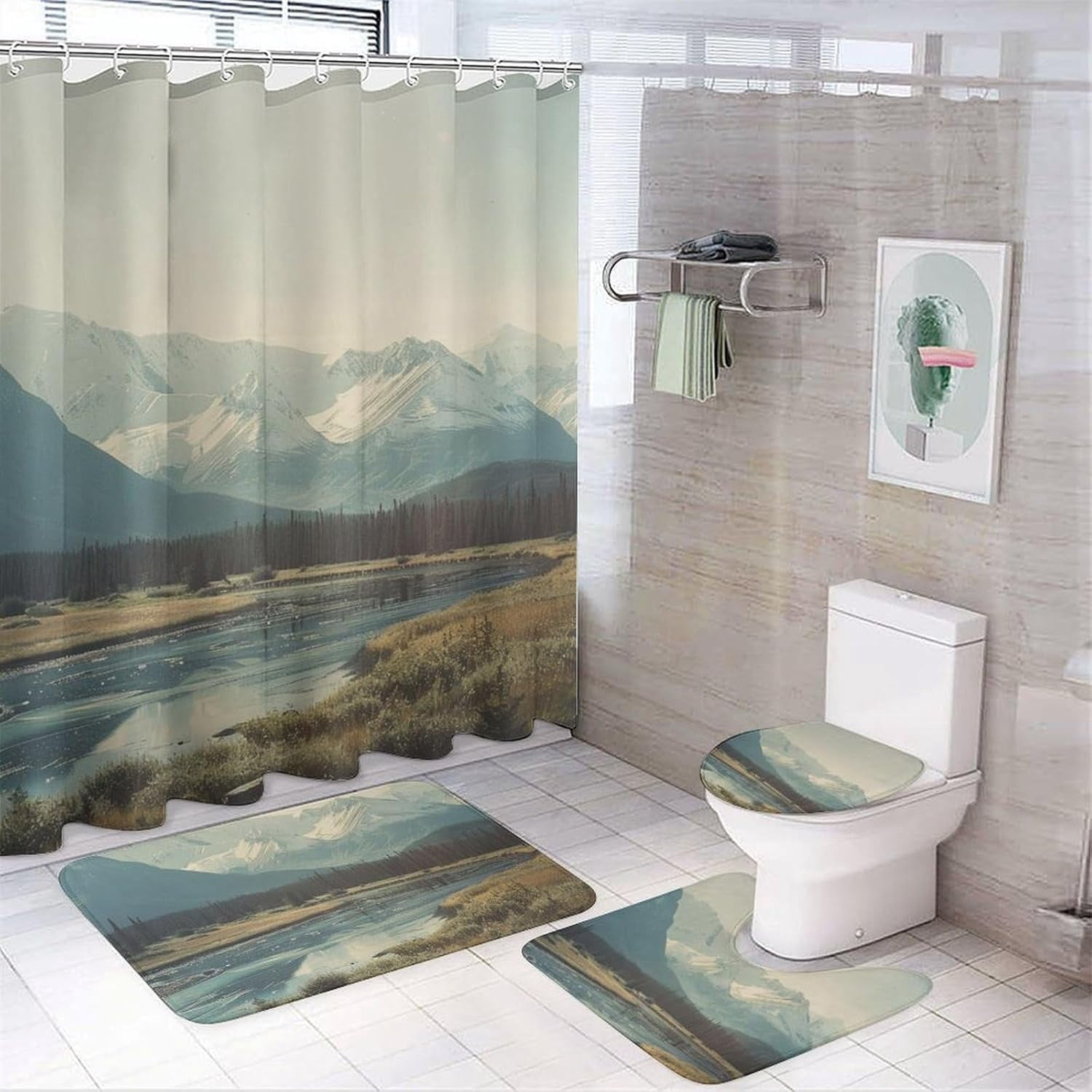 4Pcs Country Park Shower Curtain Set with Rugs, Toilet Lid Cover and ...