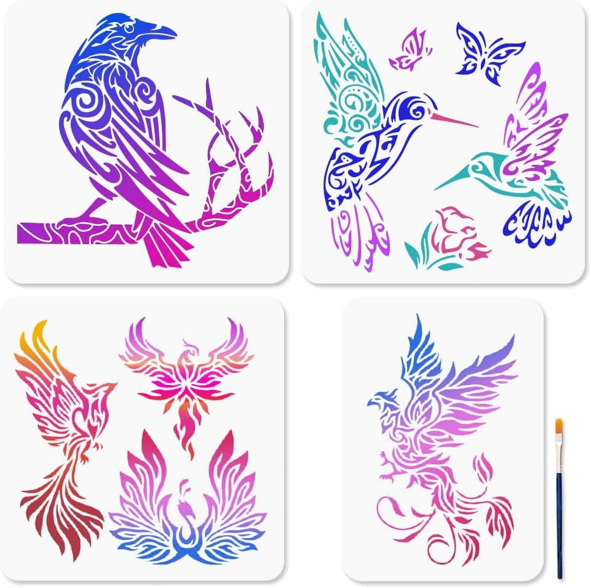 4Pcs Crow Phoenix Hummingbird Stencils Flying Phoenix Templates 11.8×11 ...