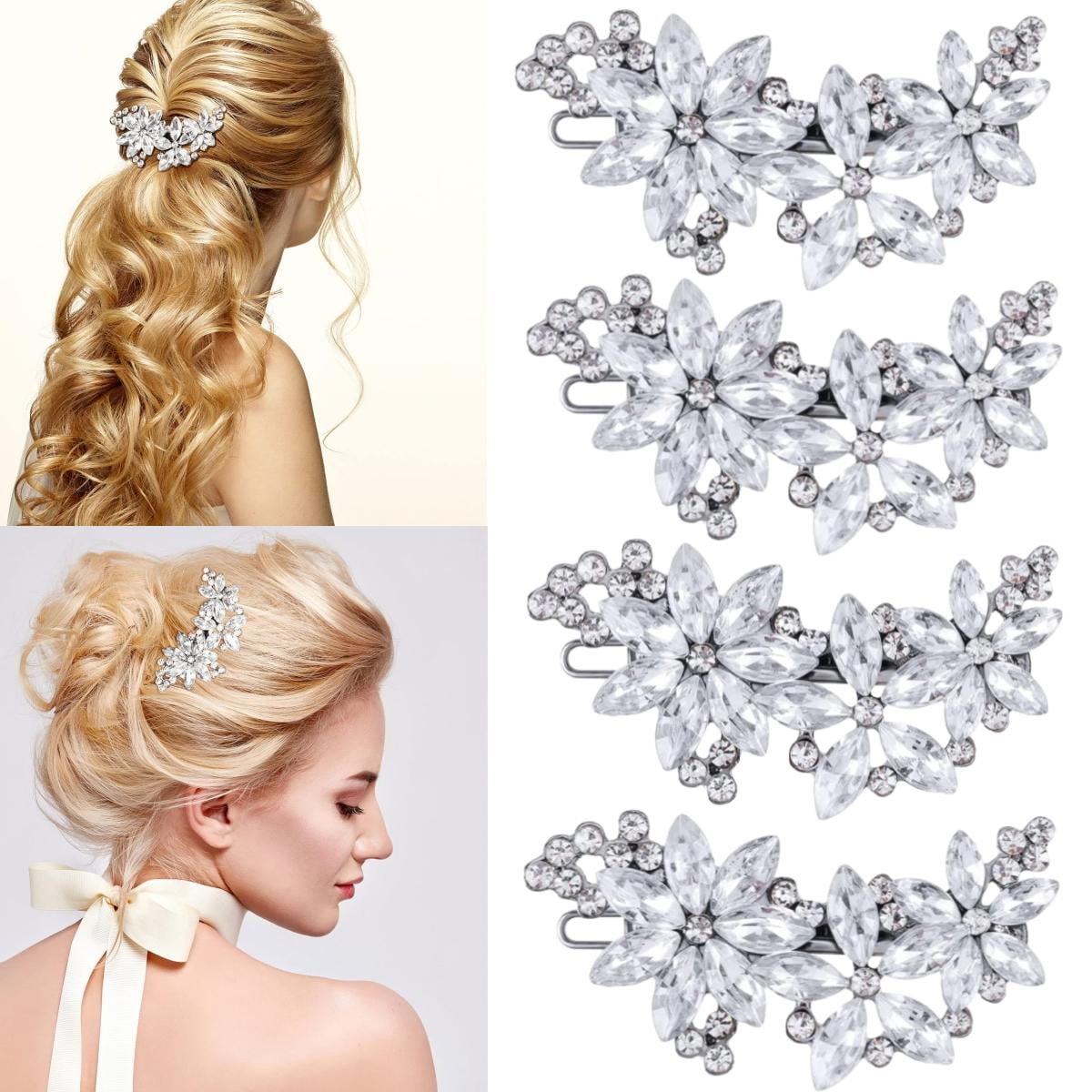 4Pcs Crystal Flower Bridal Hair Clips Rhinestone Wedding Hair Clips For ...