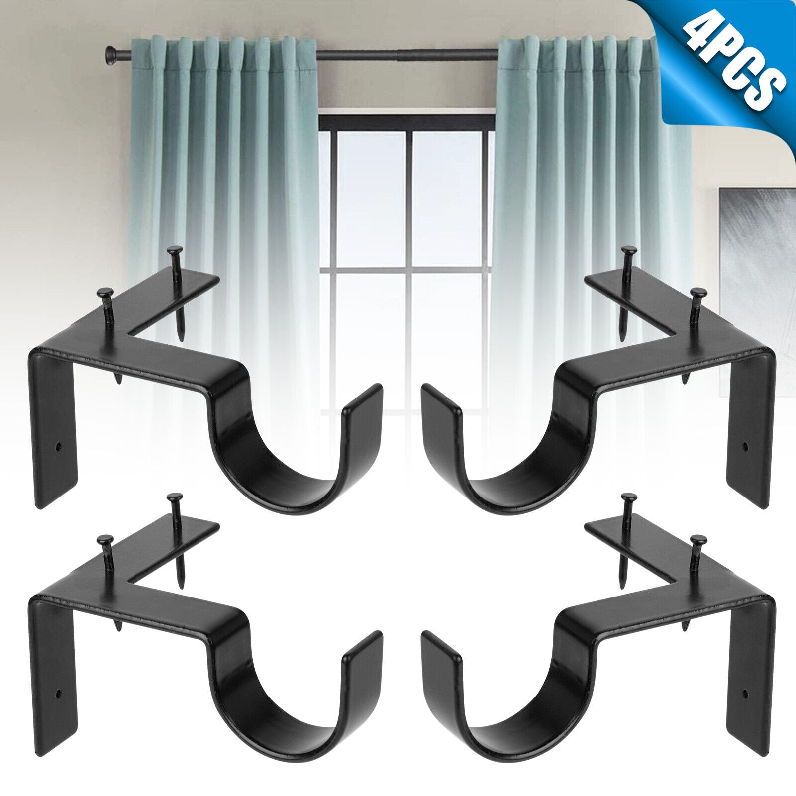 4Pcs Curtain Pole Brackets No Drill Curtains Rod Holder Into Wooden ...