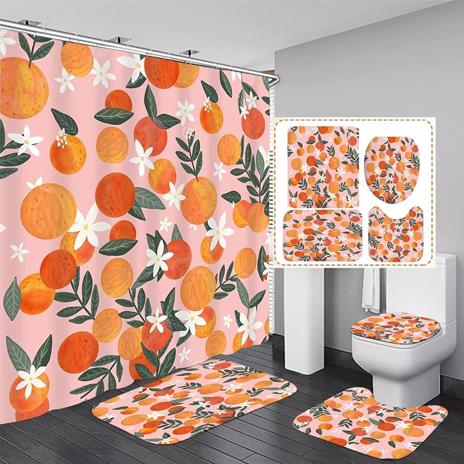 4Pcs Cute Peach Shower Curtain Set with Rugs Tropical Fruit Bathroom ...