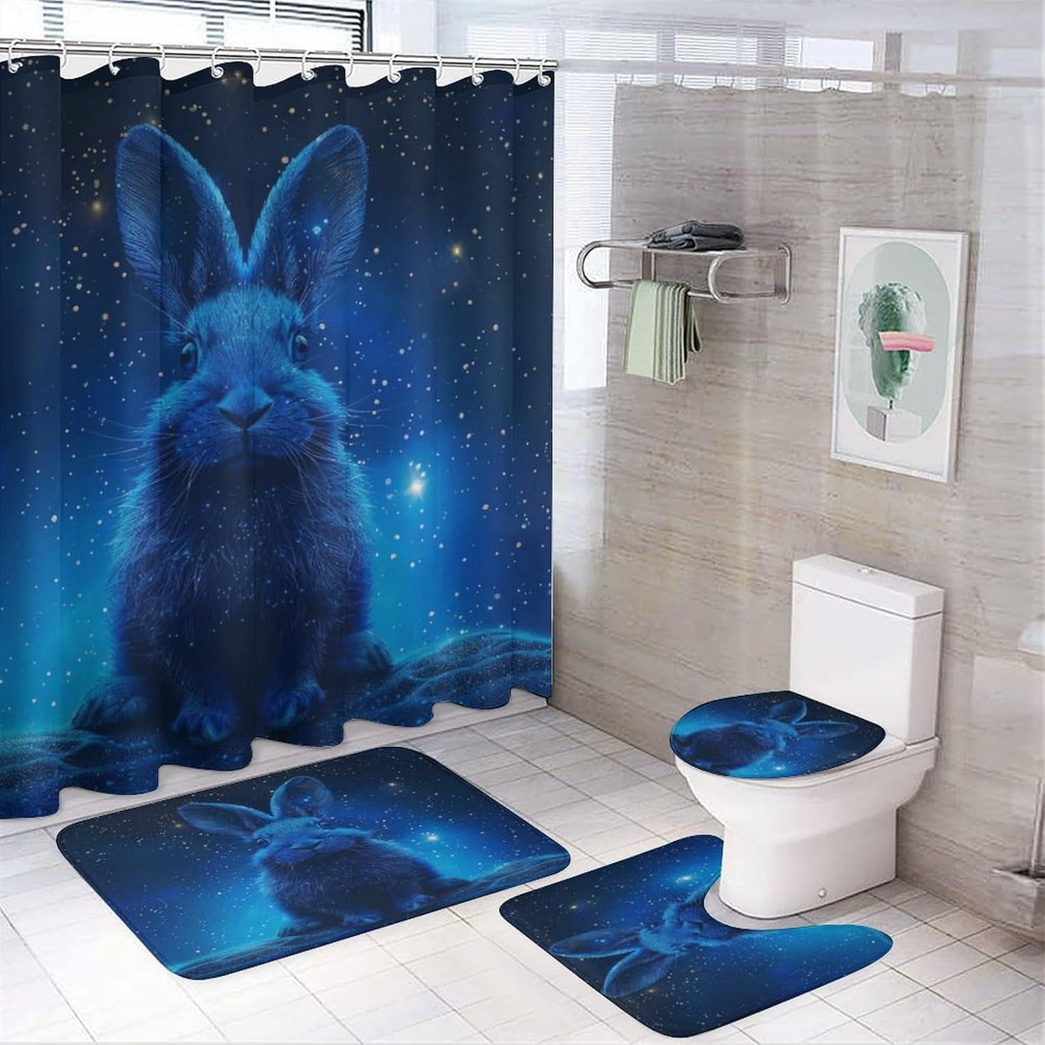 4Pcs Cute Rabbit Shower Curtain Set with Toilet Lid Cover U-Shaped Mat ...