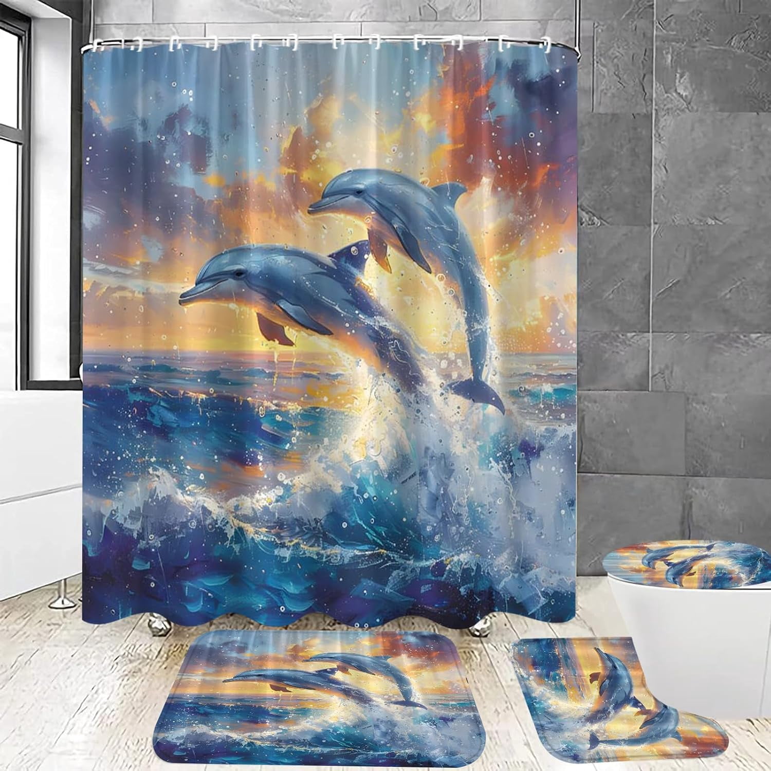 4Pcs Dolphin Shower Curtain Sets,Ocean Scenery Marine Life Sunset Theme ...