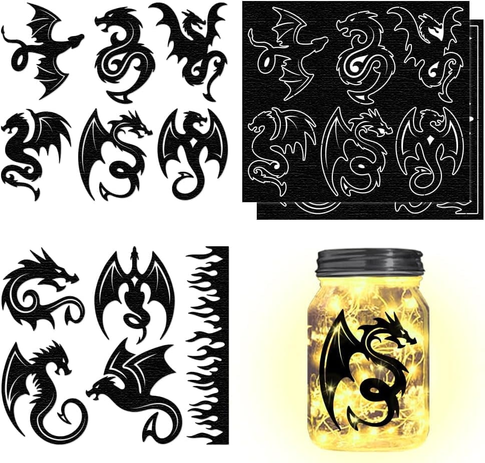 4Pcs Dragon Silhouettes Laser Cutouts Decals Mason Jar Decor Ornaments ...