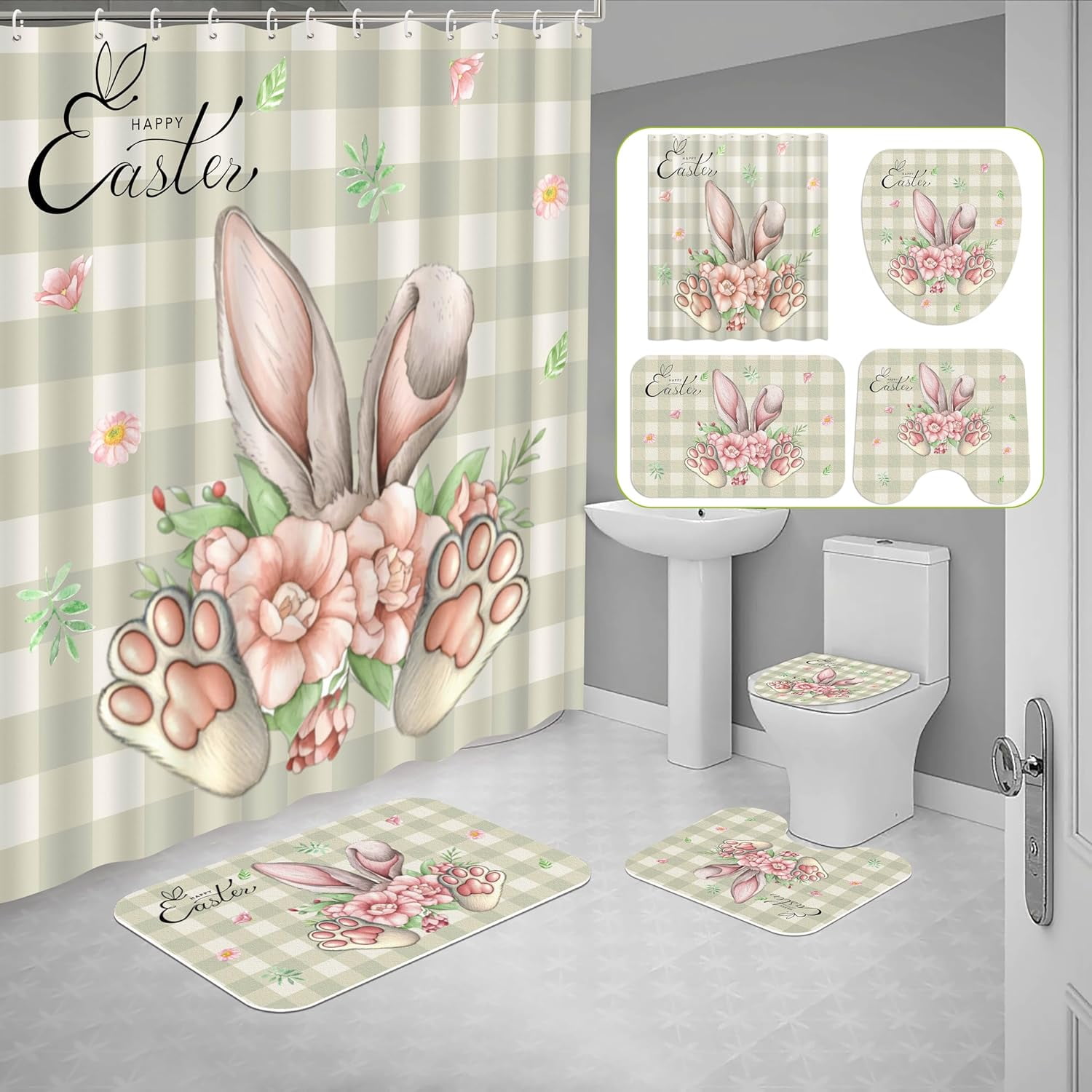 4Pcs Easter Bathroom Shower Curtain Set - Patterned Non-Slip Rug ...