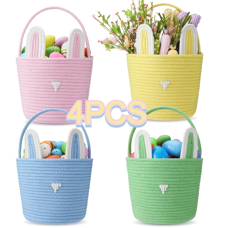 4Pcs Easter Bunny Baskets with Handles, Woven Cotton Easter Egg Hunt ...