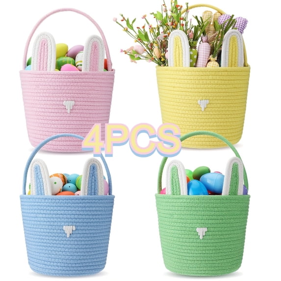 4Pcs Easter Bunny Baskets with Handles, Woven Cotton Easter Egg Hunt ...