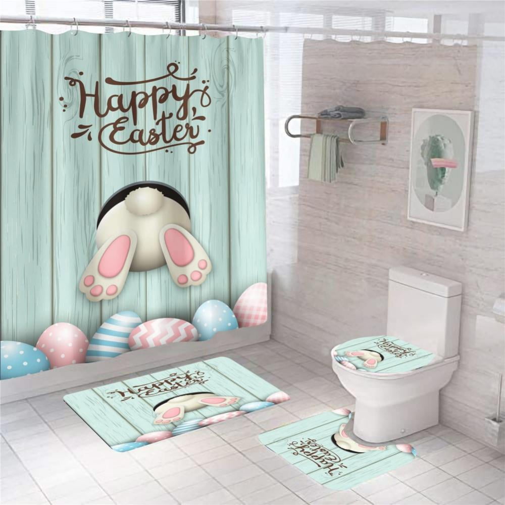 4Pcs Easter Shower Curtain Set with Non-Slip Rug, Toilet Lid Cover and ...