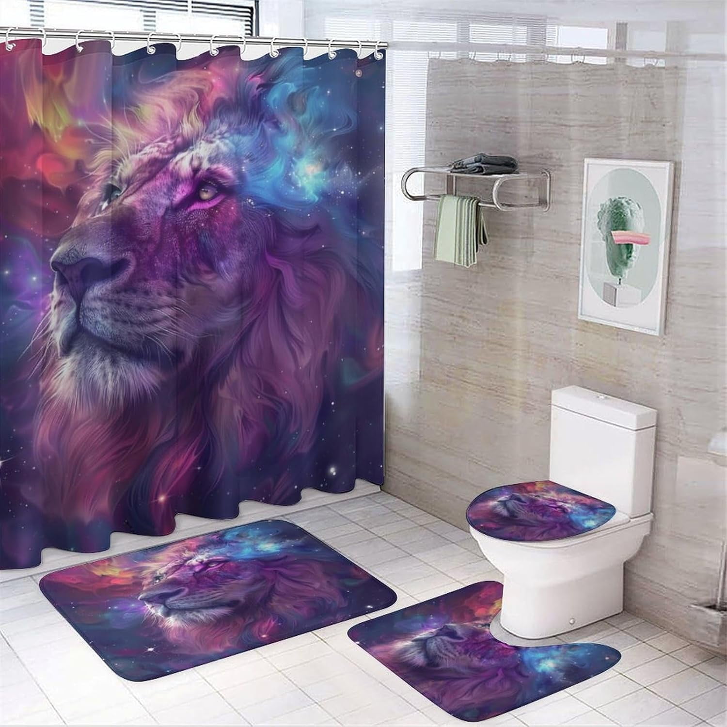 4Pcs Elegant Lion Shower Curtain Set with Toilet Lid Cover U-Shaped Mat ...