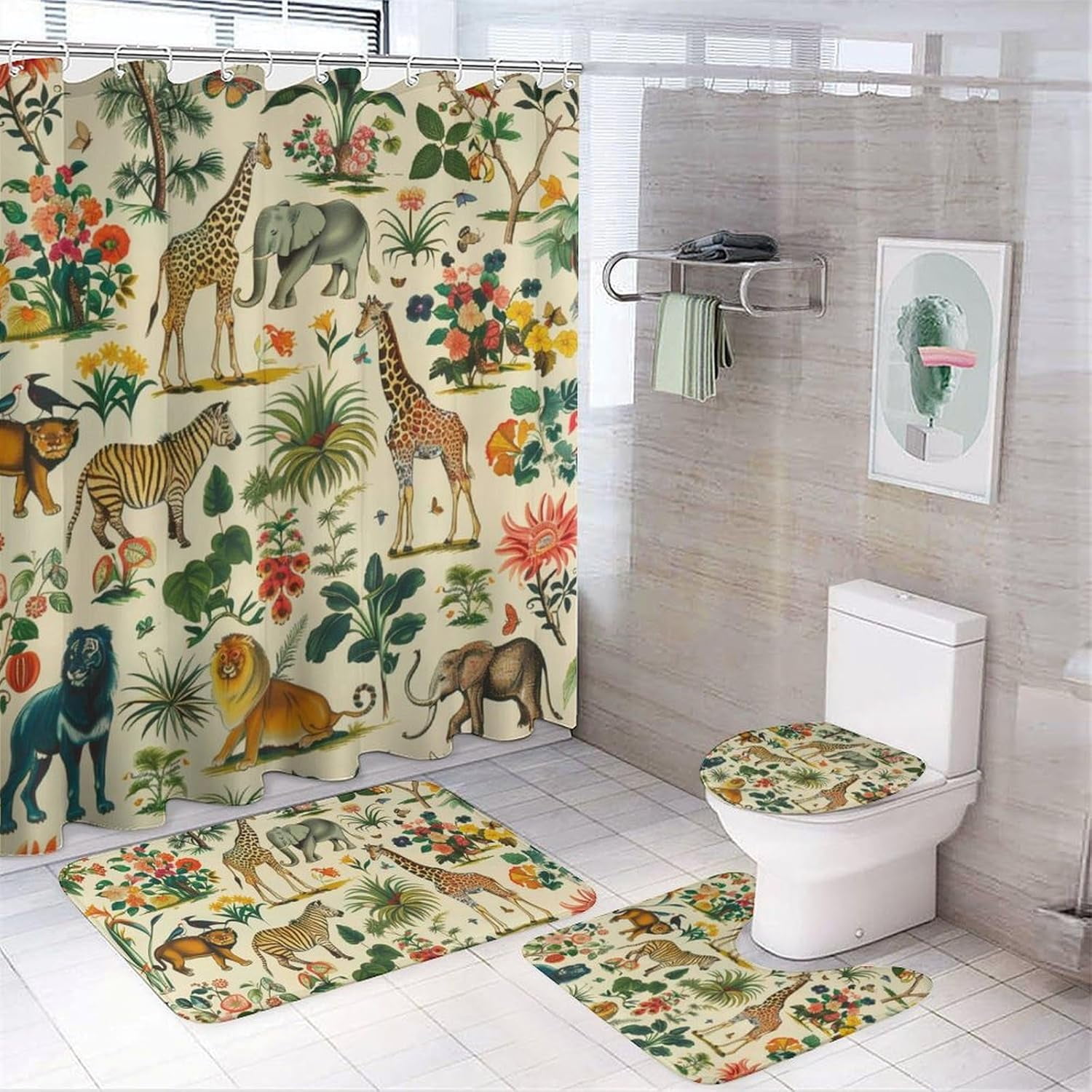 4Pcs Elephant Lion Zebra Shower Curtain Sets with Rugs, Toilet Lid ...