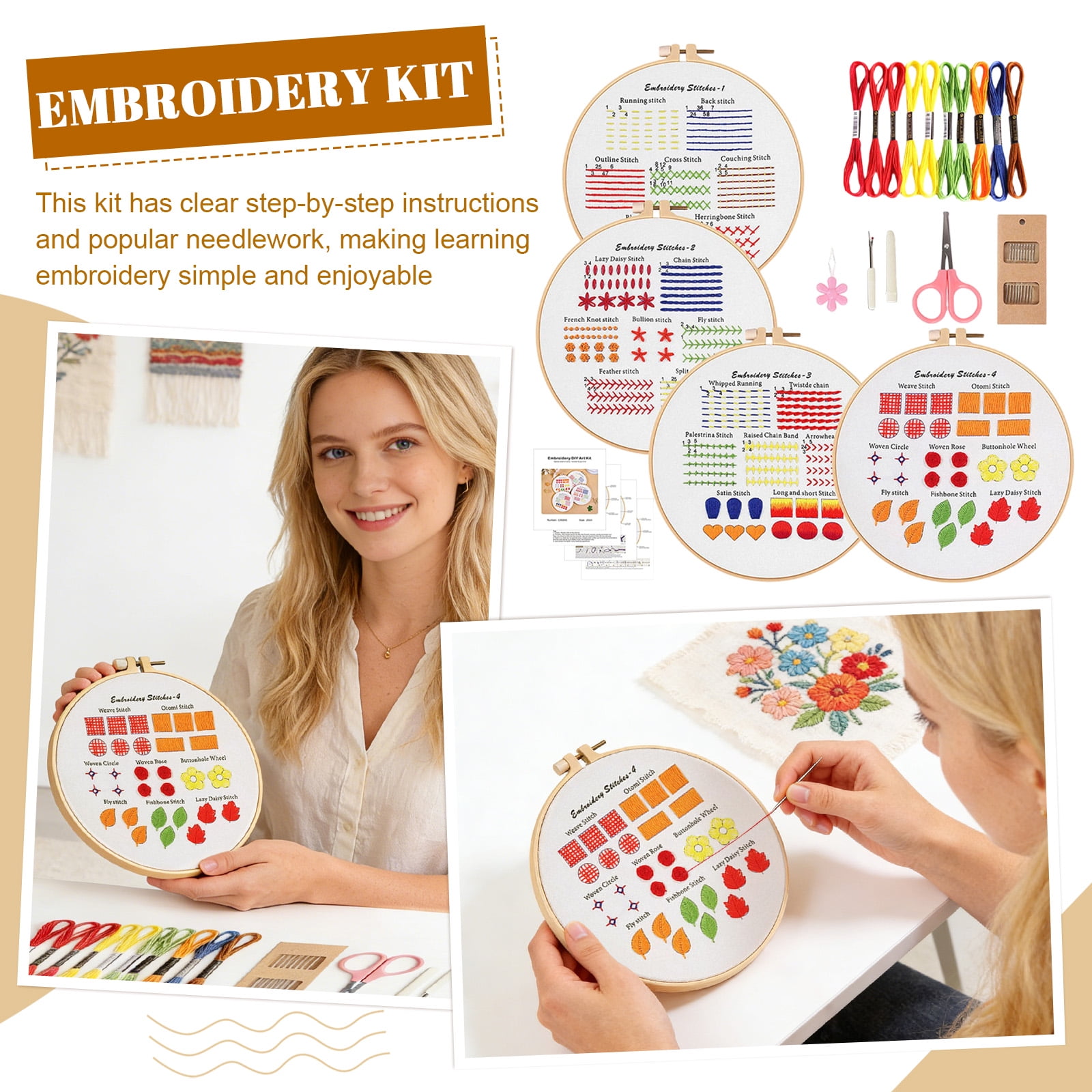 4Pcs Embroidery Kit for Beginners Adults, 5 Basic Stitches Practice ...