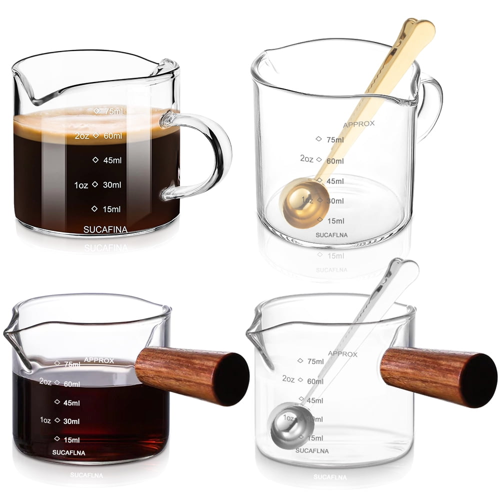 4Pcs Espresso Shot Glass with Wood Handle, 75ml Double Spouts Measuring Cup, Measuring Triple ...