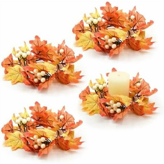 4Pcs Fall Wreaths Small Candle Rings with Maple Leaves Fall Candle ...