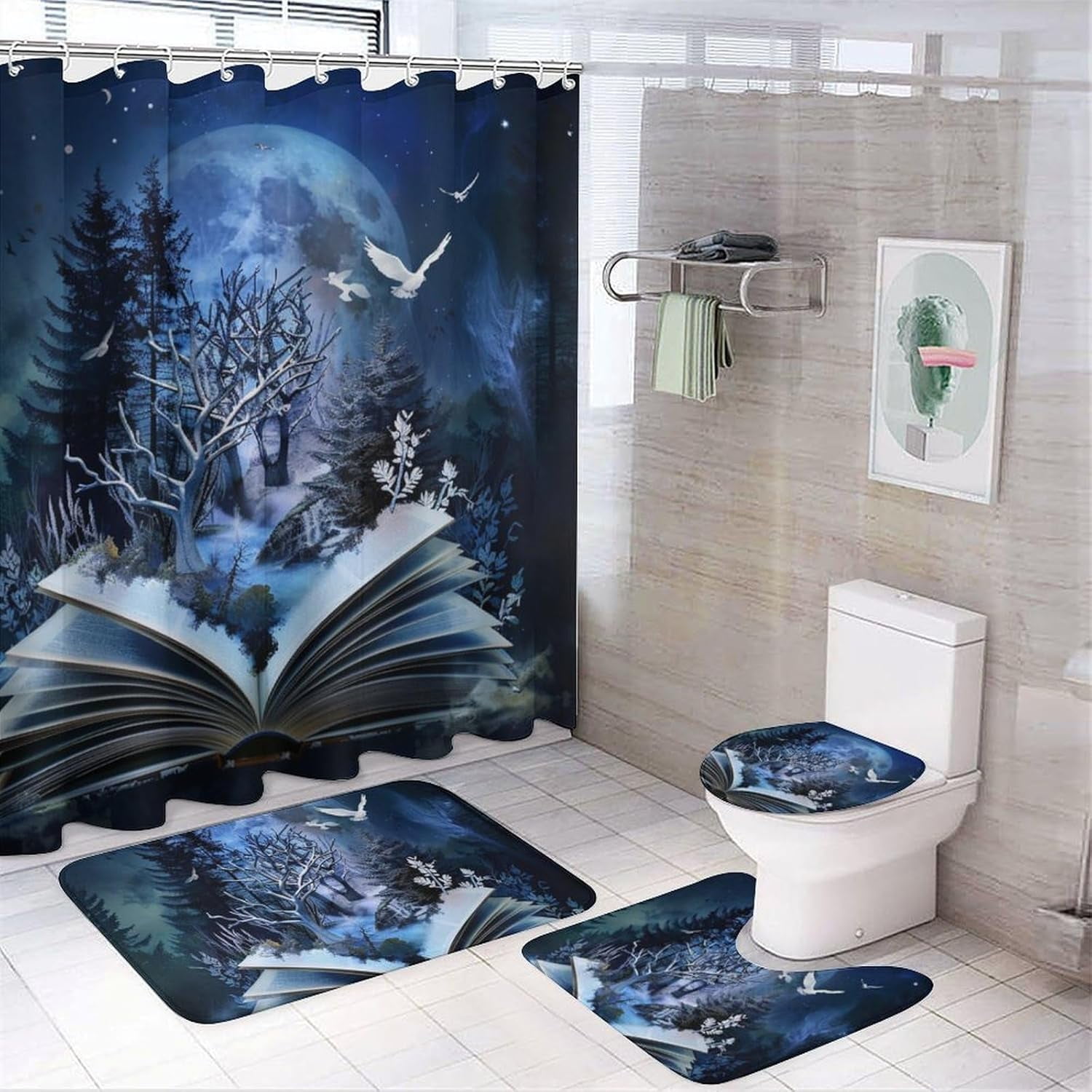 4Pcs Fantasy Book Shower Curtain Set with Rugs, Toilet Lid Cover and ...