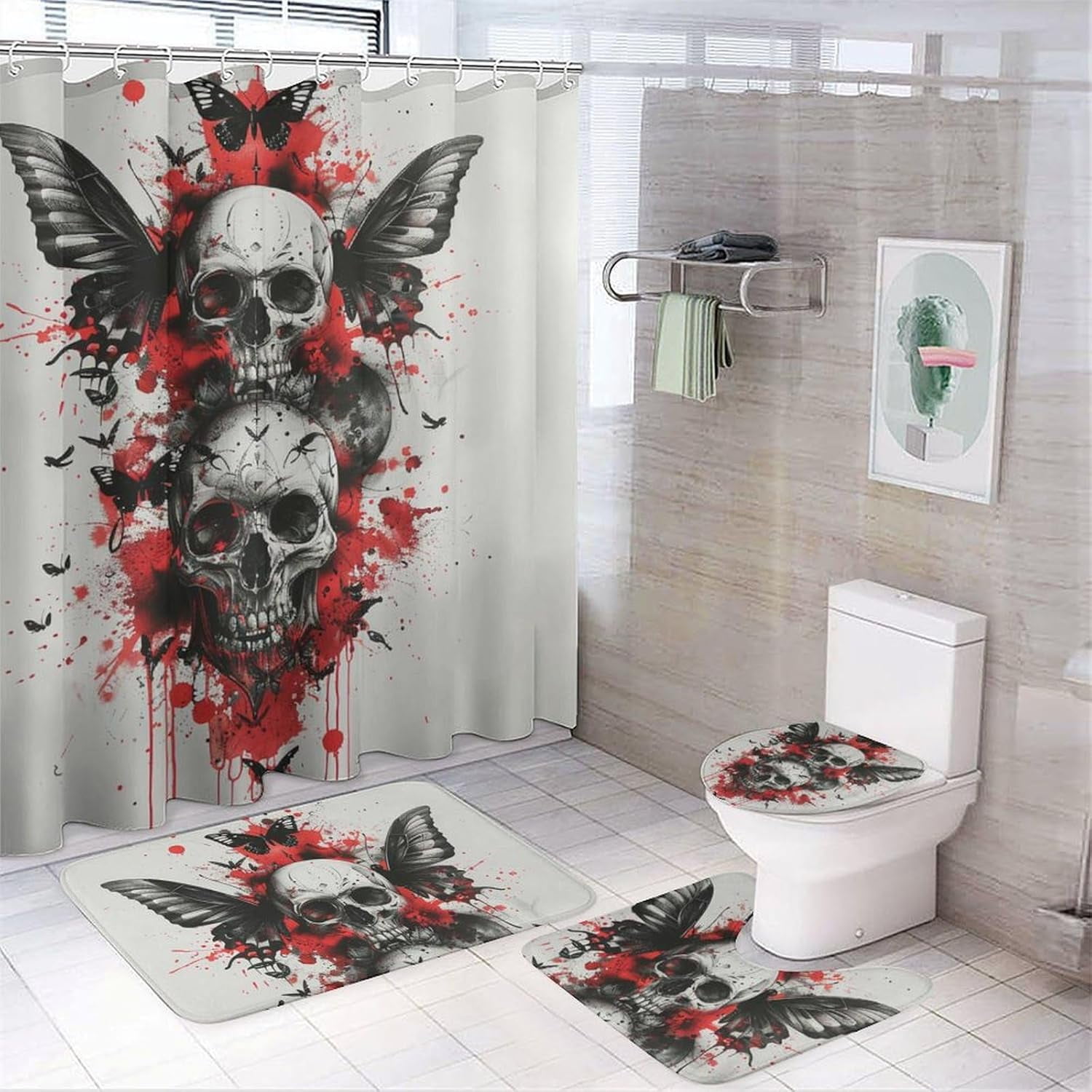 4Pcs Fantasy Gothic Skull Shower Curtain Set, Halloween Skeleton ...
