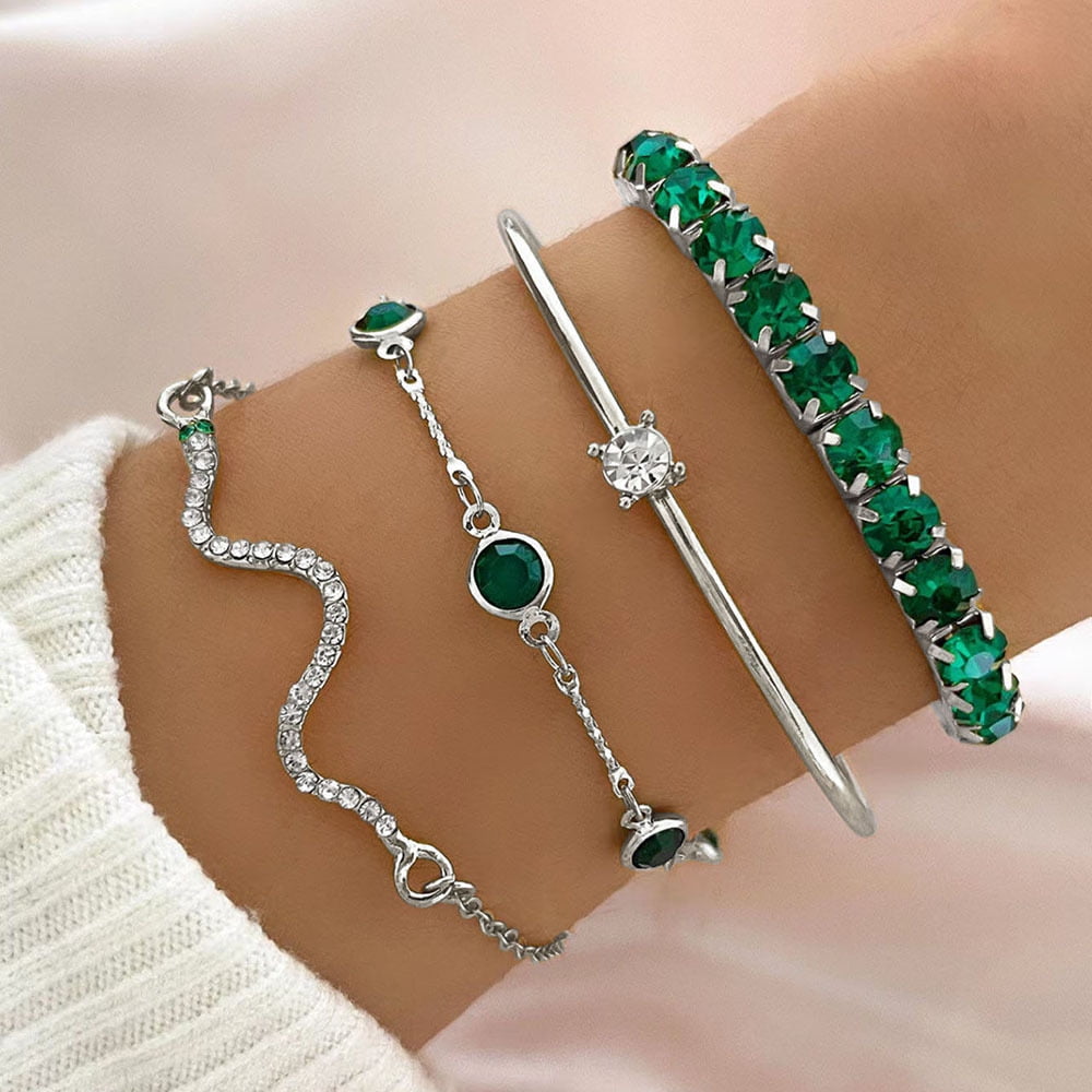 4Pcs Fashion Green Rhinestone Bracelet Set For Women Gold Silver Color ...