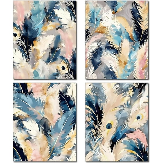 4Pcs Feather Wall Art Abstract Prints Canvas Poster Picture Wall ...