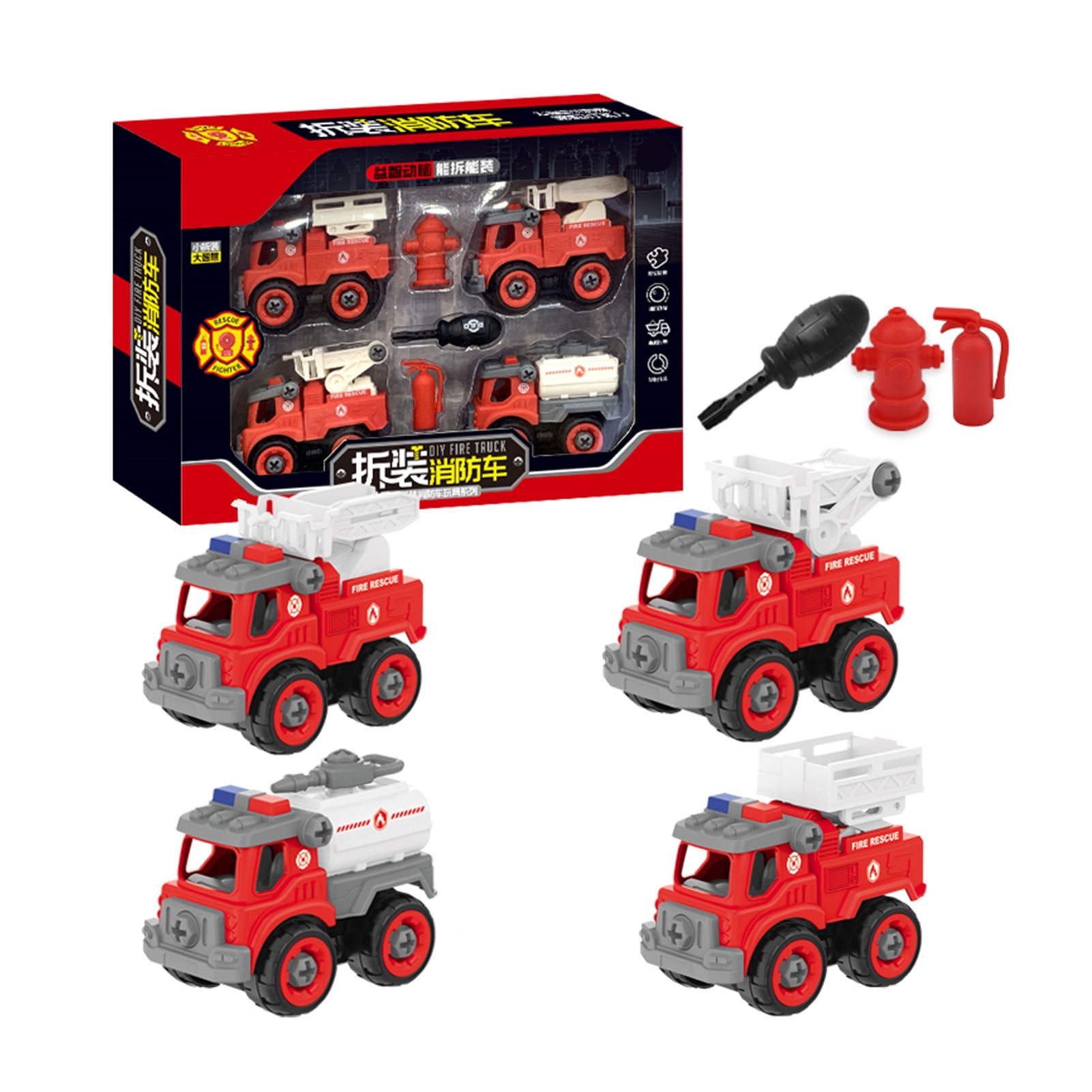 4Pcs Fire Truck Model Set Detachable Simulation Innovative DIY Fire ...