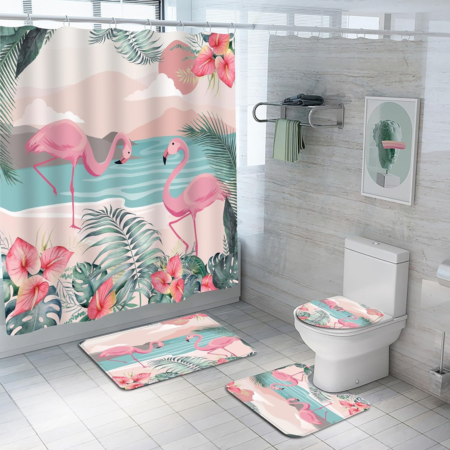 4Pcs Flamingo Shower Curtain Sets, Flamingo Bathroom Sets with Shower Curtain, Toilet Lid Rug ...