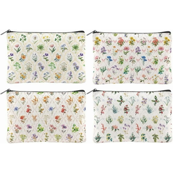 4Pcs Flowers Makeup Bags 5.91x9.06 inch Canvas Cosmetic Bags Floral ...